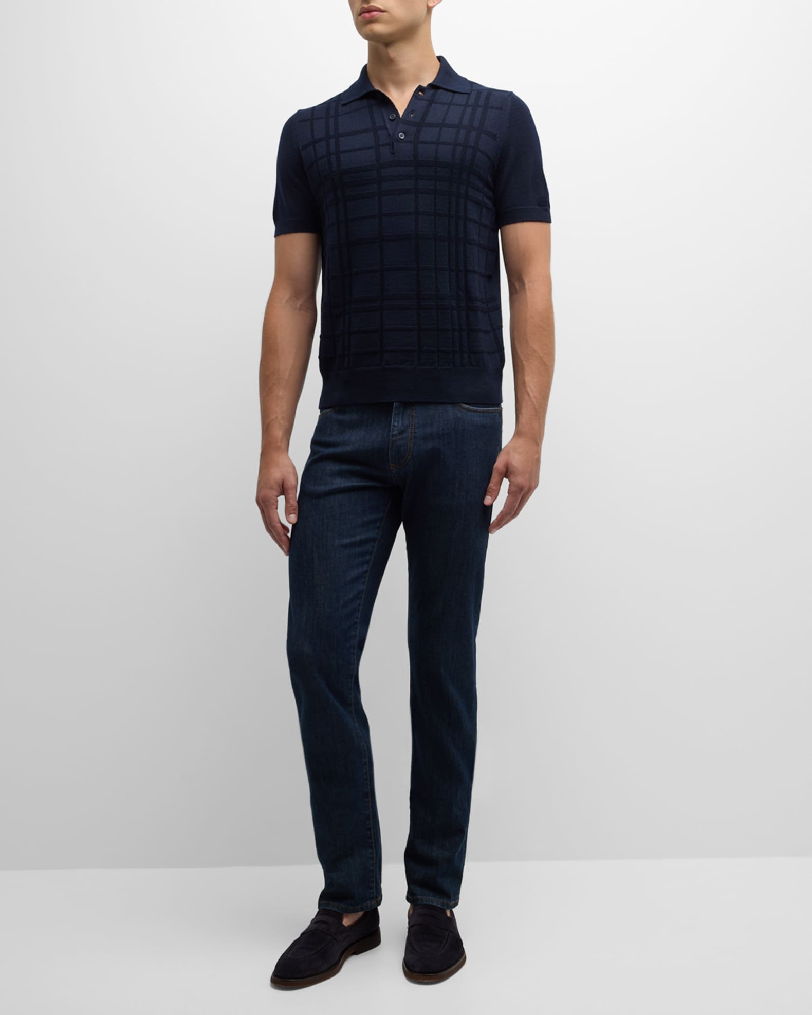 Canali Men's Wool Tonal Plaid Polo Sweater | Neiman Marcus