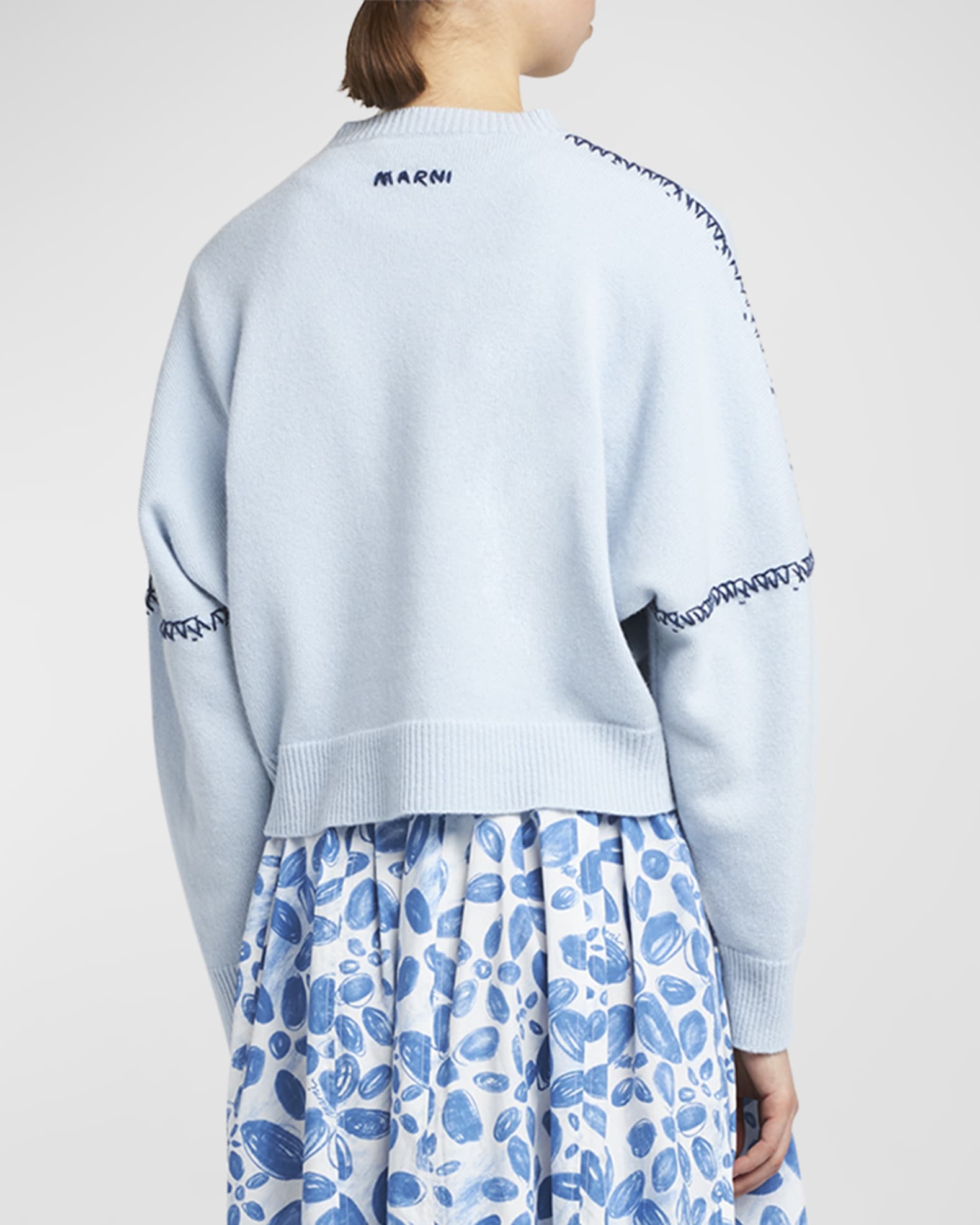 Marni Hand-Embroidered Crewneck Crop Wool-Cashmere Sweater | Neiman Marcus