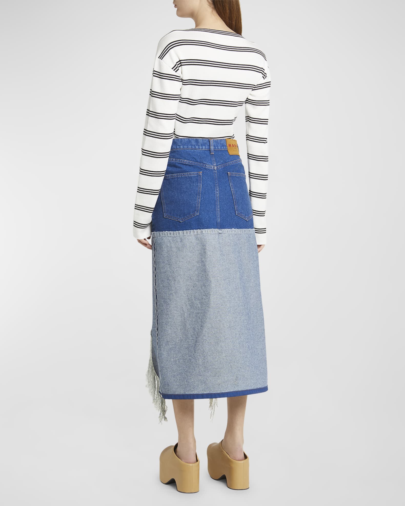 Marni Distressed Slit-Hem Midi Denim Skirt | Neiman Marcus
