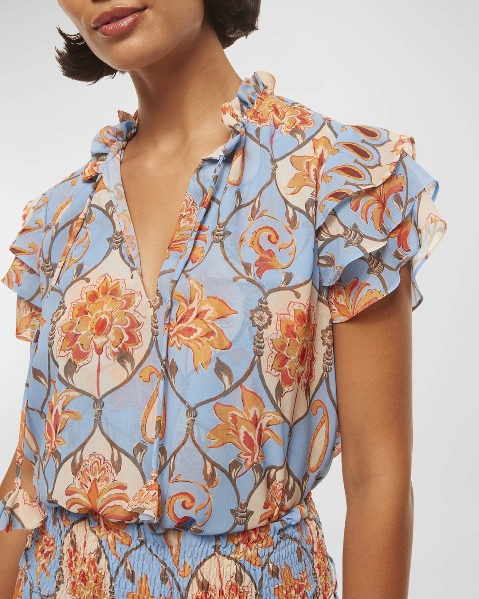 MISA Los Angeles Maria Floral Short-Sleeve Ruffled Top | Neiman Marcus