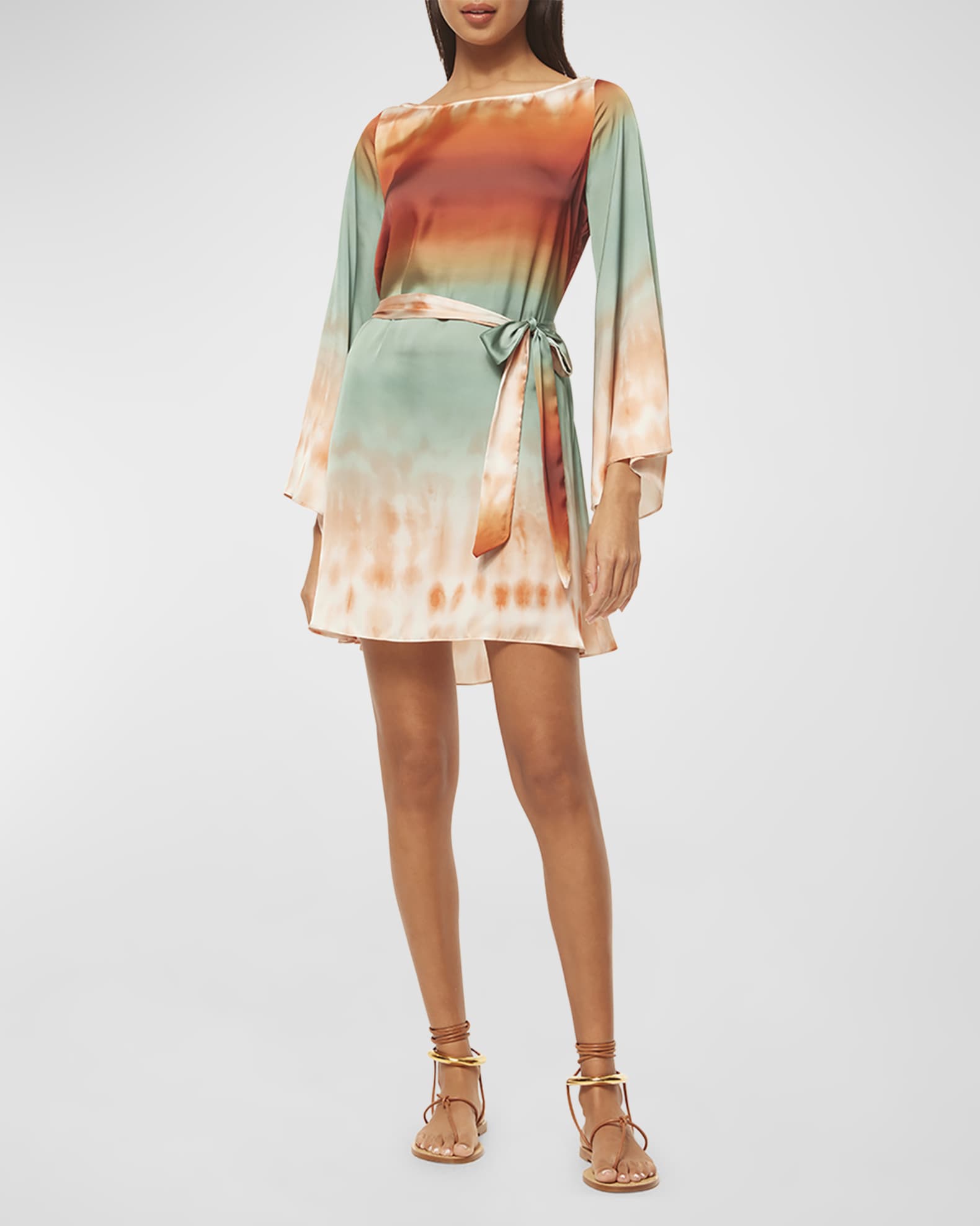 MISA Los Angeles Twiggy Tie-Belt Bell-Sleeve Mini Dress | Neiman Marcus