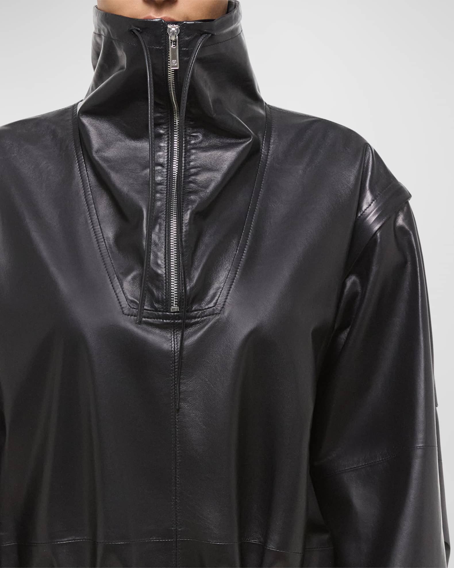 Helmut Lang Leather Drawstring Coat with Removable Sleeves | Neiman Marcus