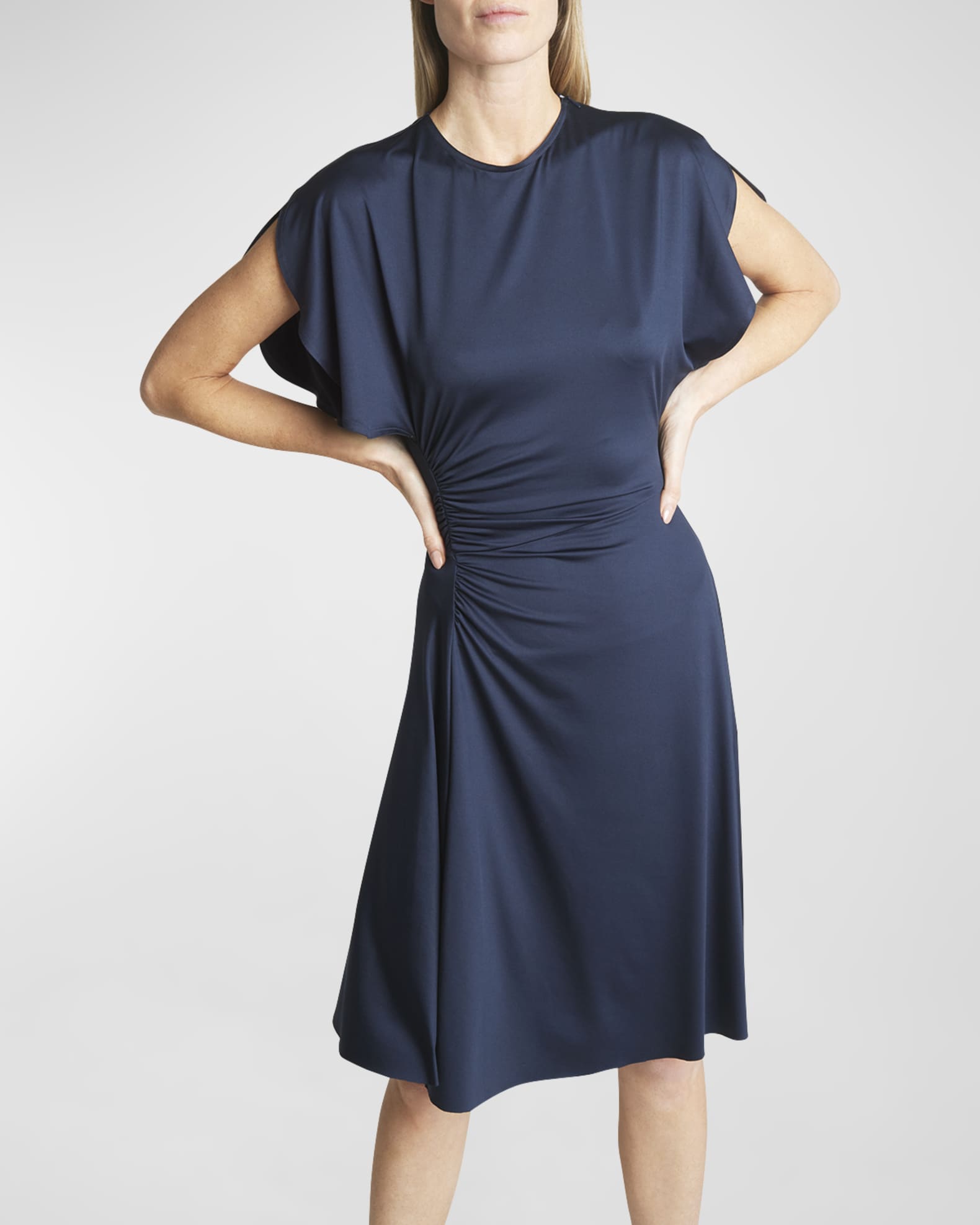 Victoria Beckham Ruched Flutter-Sleeve A-Line Dress | Neiman Marcus