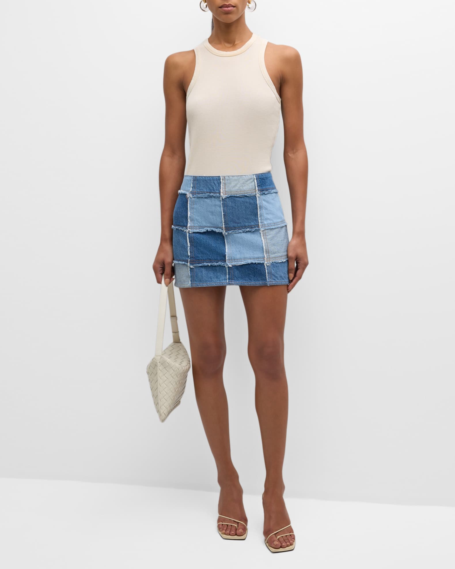 FRAME The 70s Patchwork Denim Mini Skirt | Neiman Marcus
