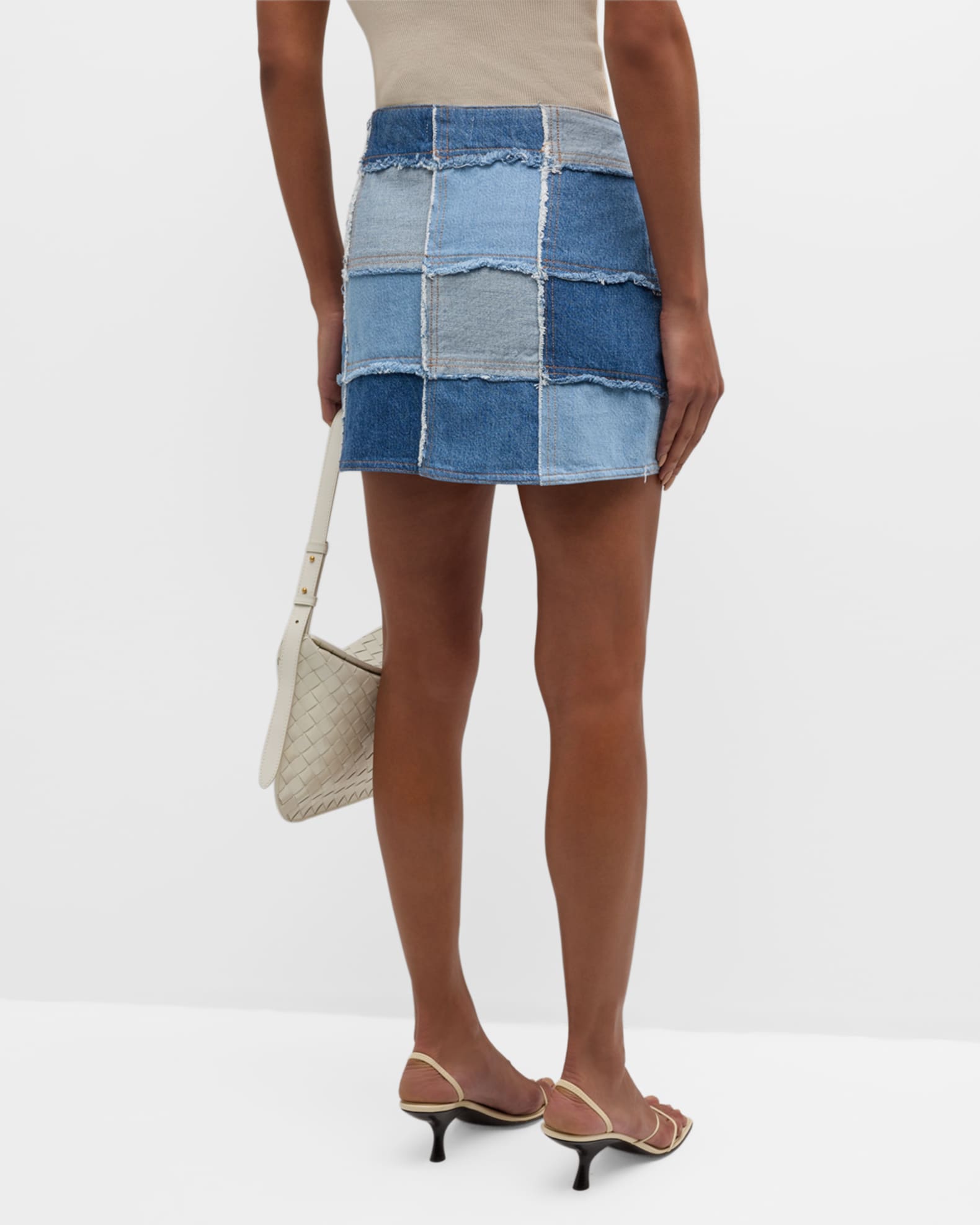 FRAME The 70s Patchwork Denim Mini Skirt | Neiman Marcus