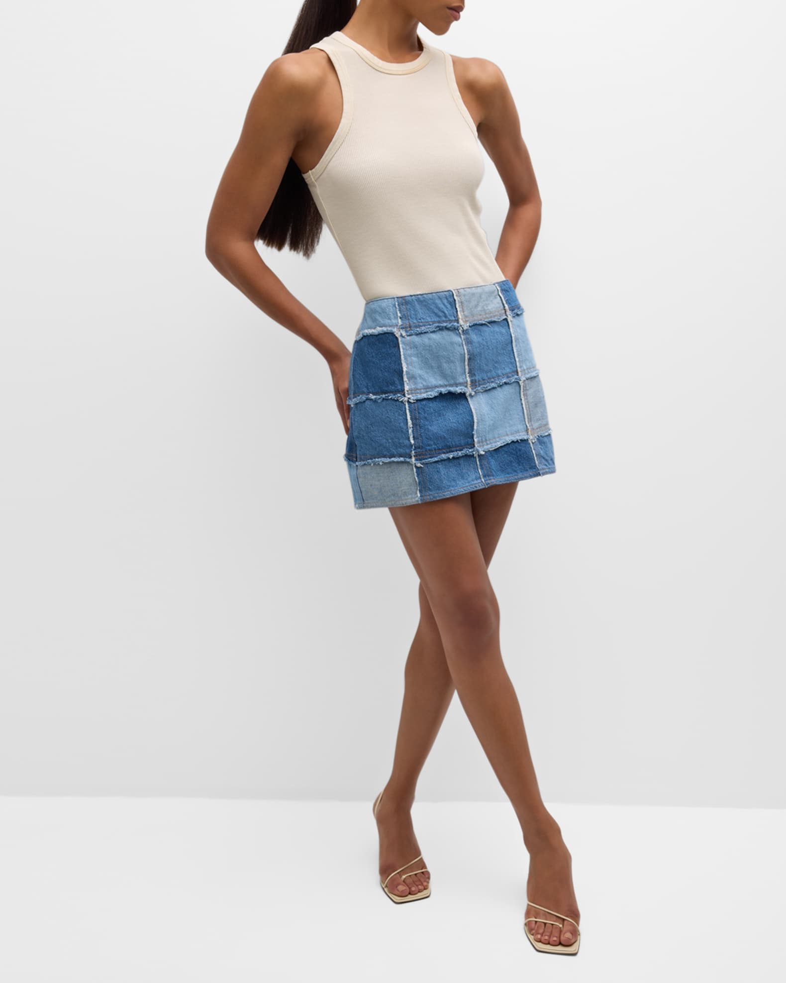 FRAME The 70s Patchwork Denim Mini Skirt | Neiman Marcus
