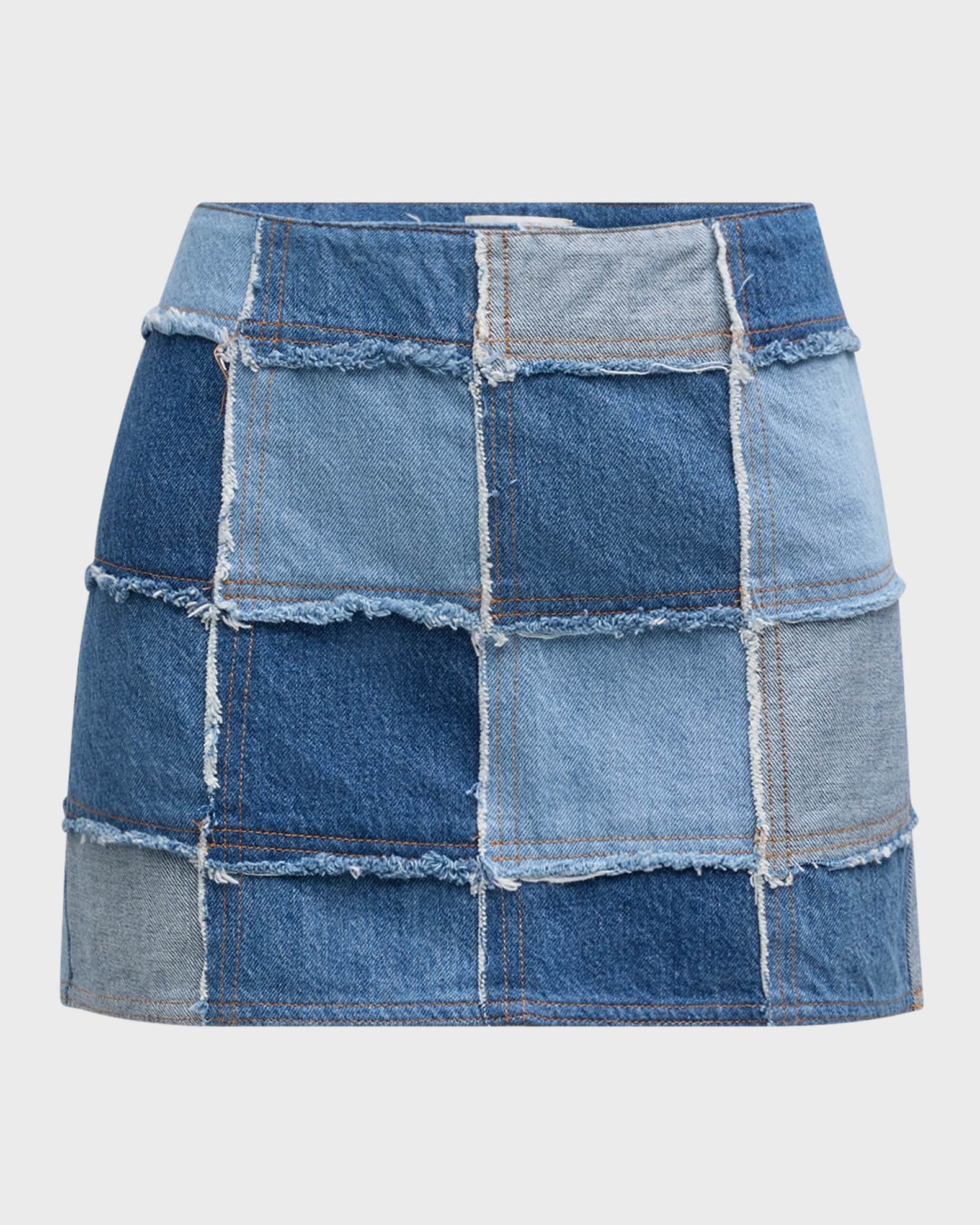 FRAME The 70s Patchwork Denim Mini Skirt | Neiman Marcus