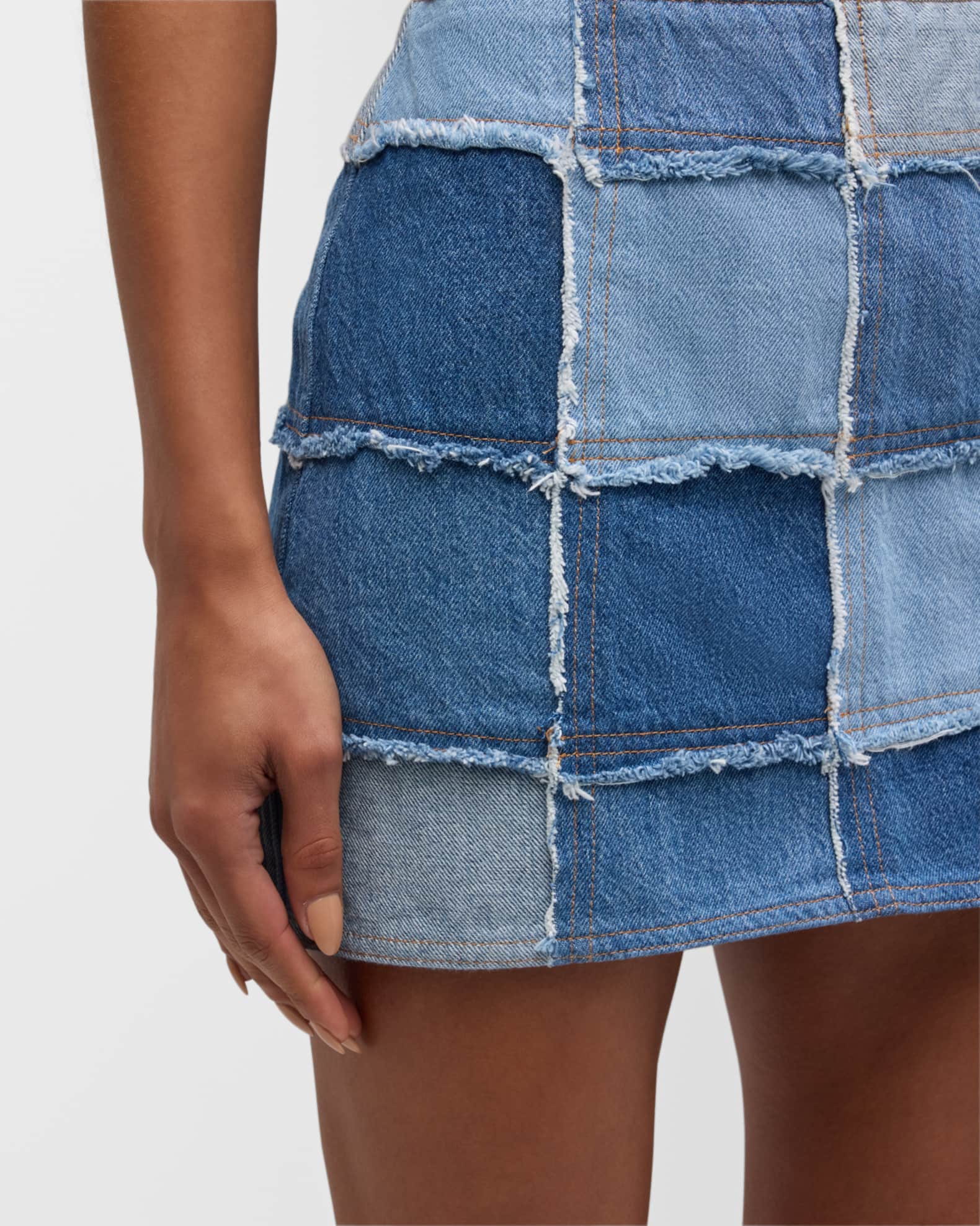 FRAME The 70s Patchwork Denim Mini Skirt | Neiman Marcus