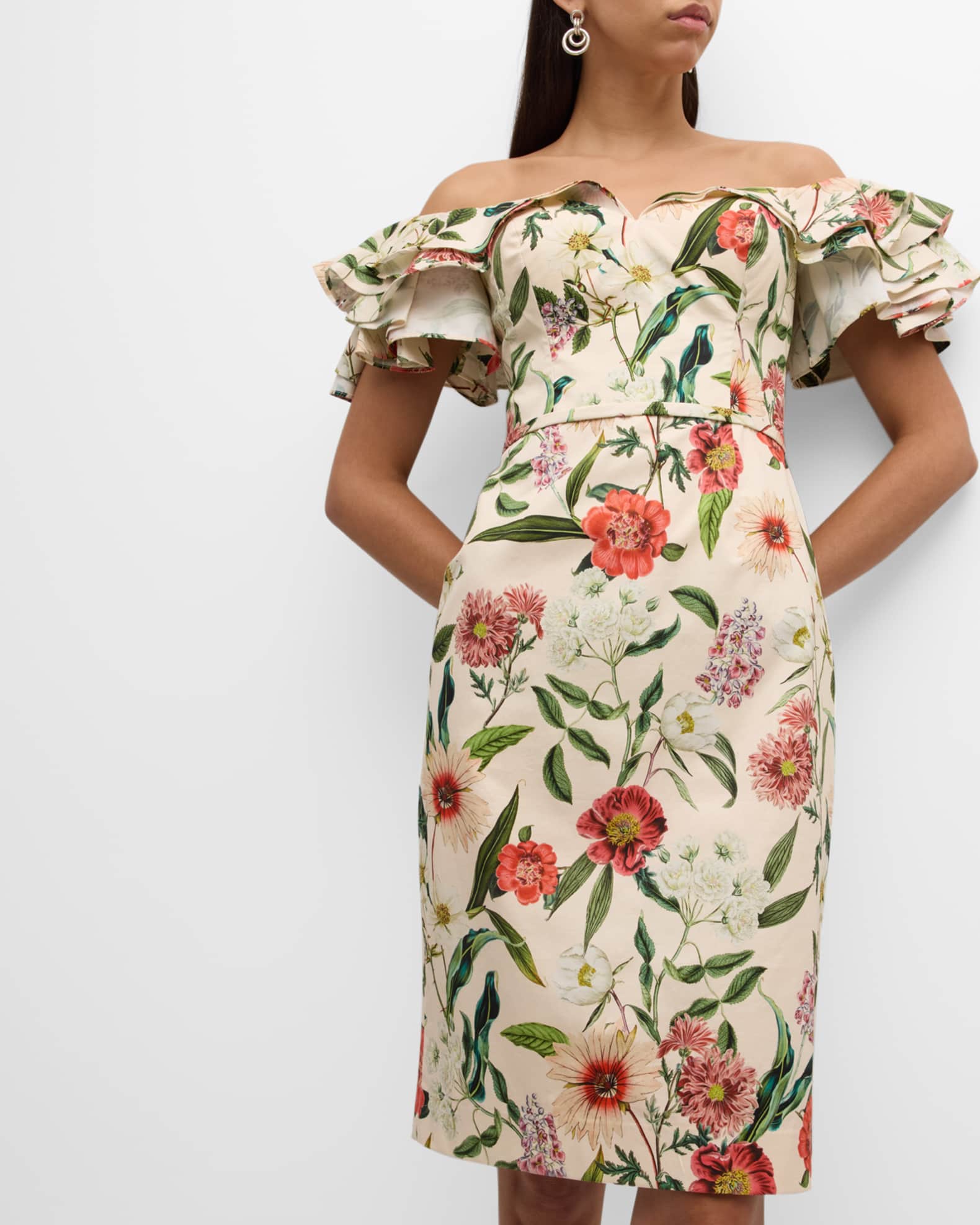 Rickie Freeman for Teri Jon Floral-Print Off-Shoulder Stretch Cotton ...