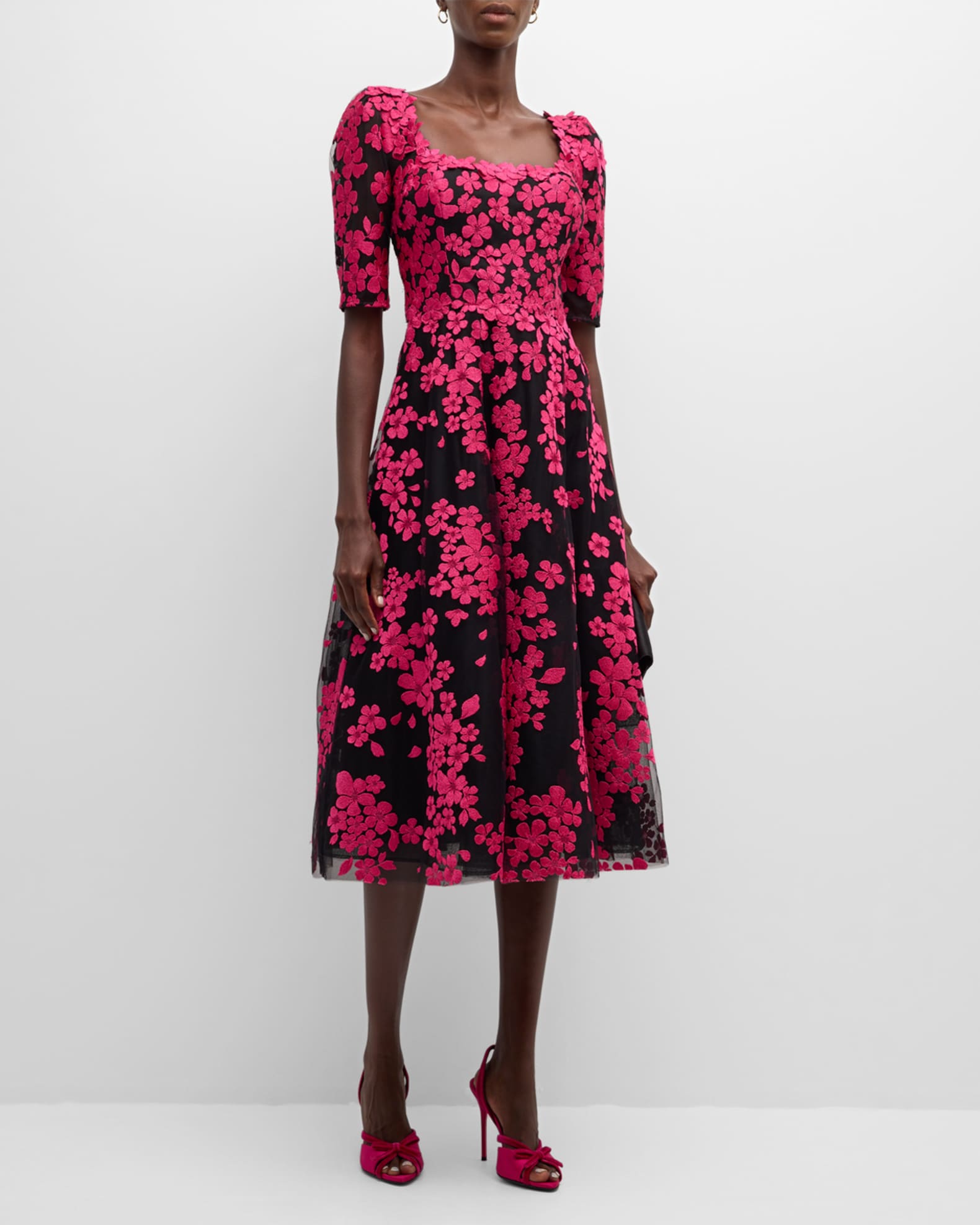 Rickie Freeman for Teri Jon Floral-Embroidered Tulle Midi Dress ...