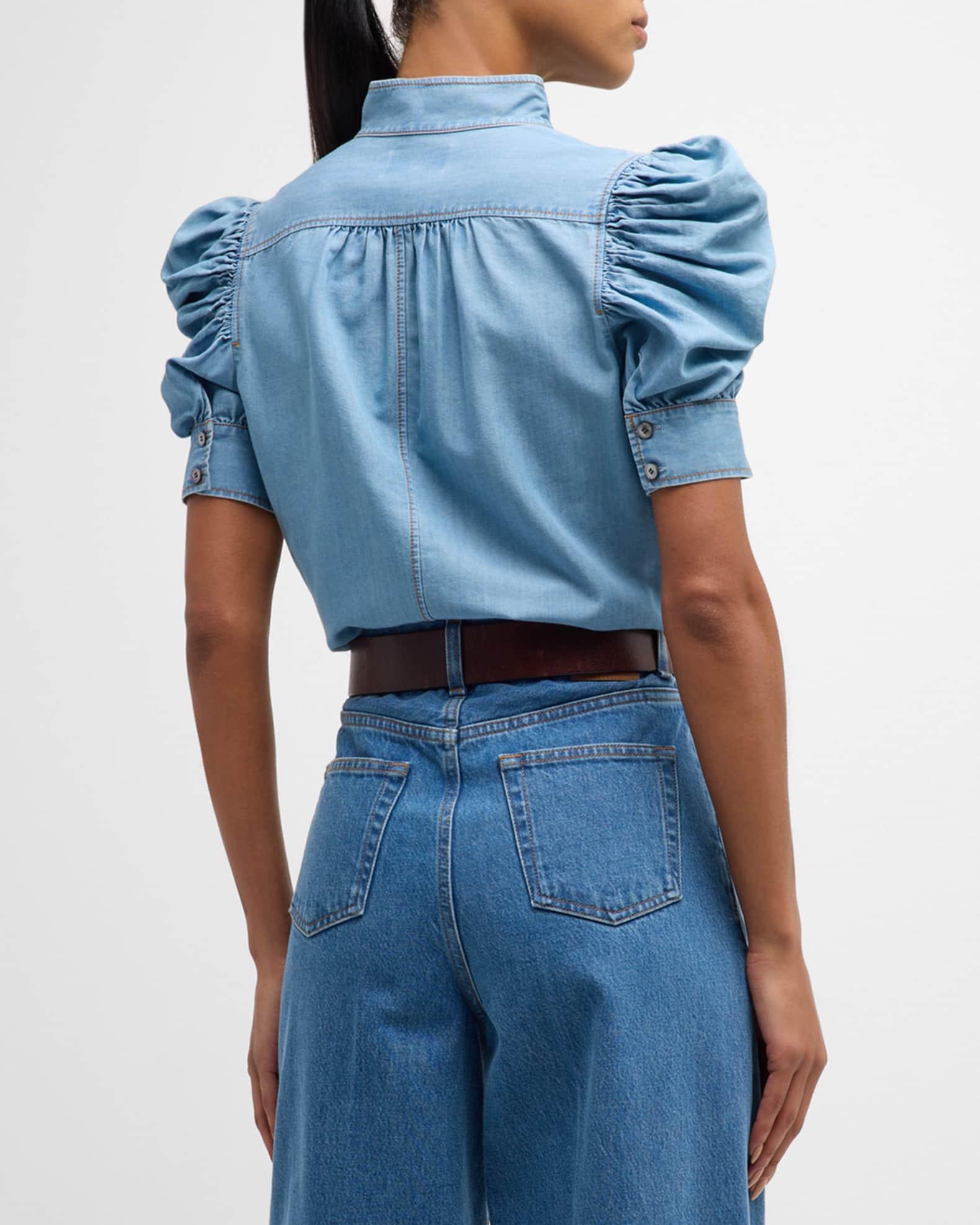 FRAME Gillian Denim Puff-Sleeve Top | Neiman Marcus