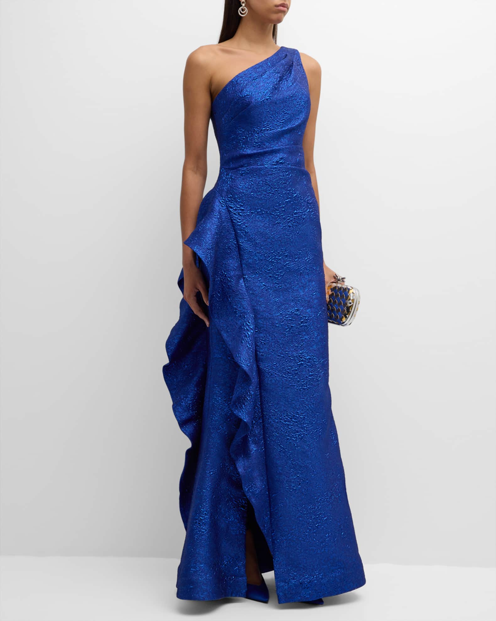 Rickie Freeman for Teri Jon One-Shoulder Ruffle Metallic Jacquard Gown ...