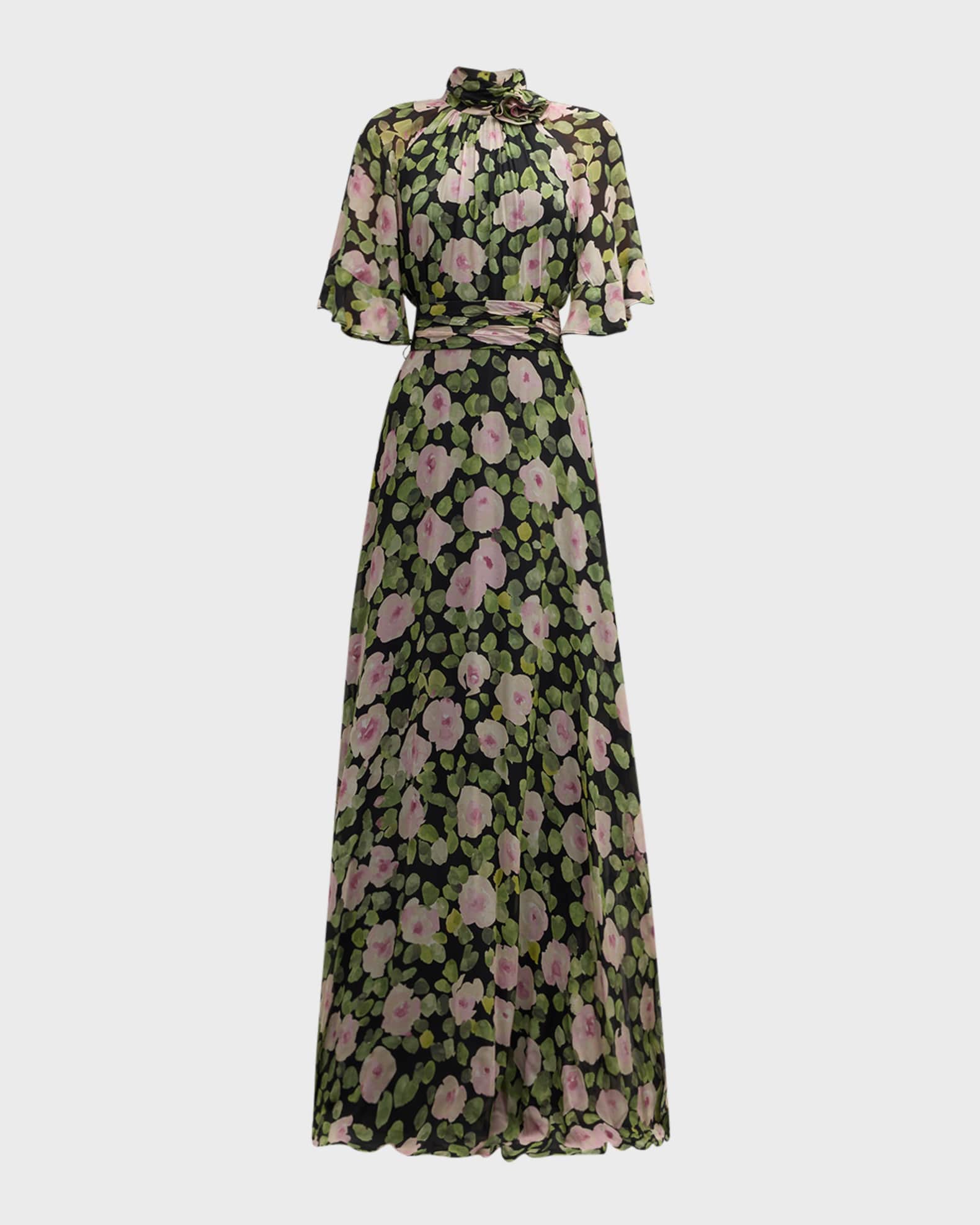 Rickie Freeman for Teri Jon Turtleneck Floral-Print Chiffon Gown ...
