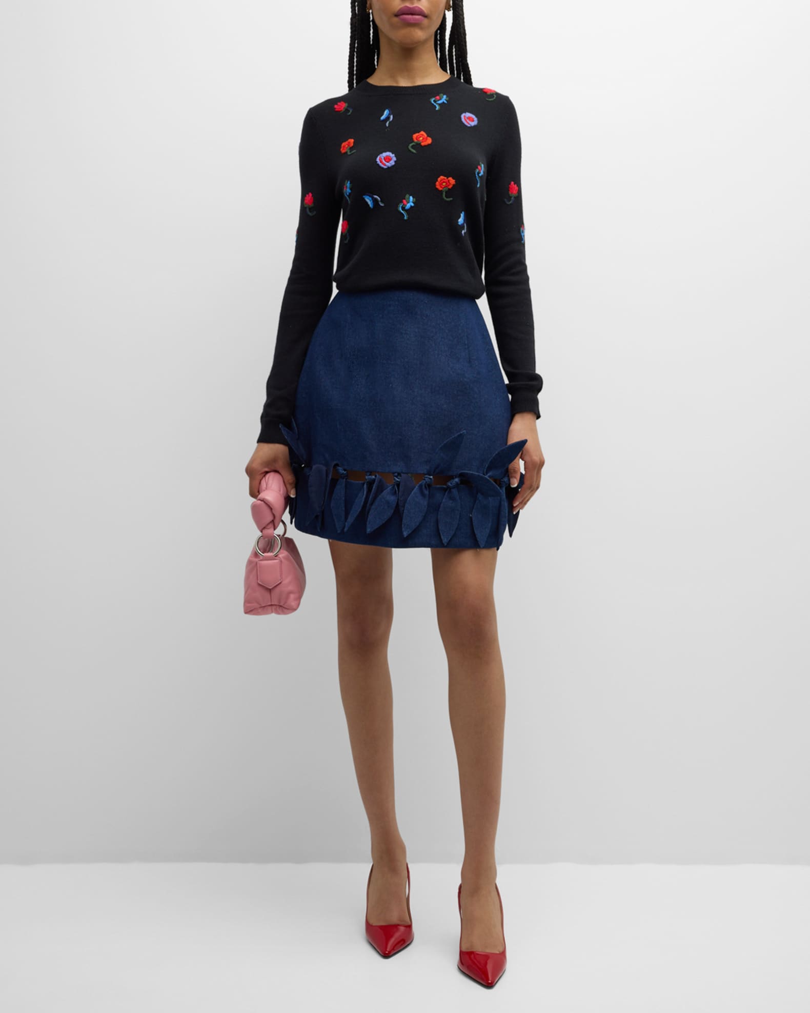 Jonathan Cohen Floral Embroidered Cashmere Crewneck Sweater | Neiman Marcus