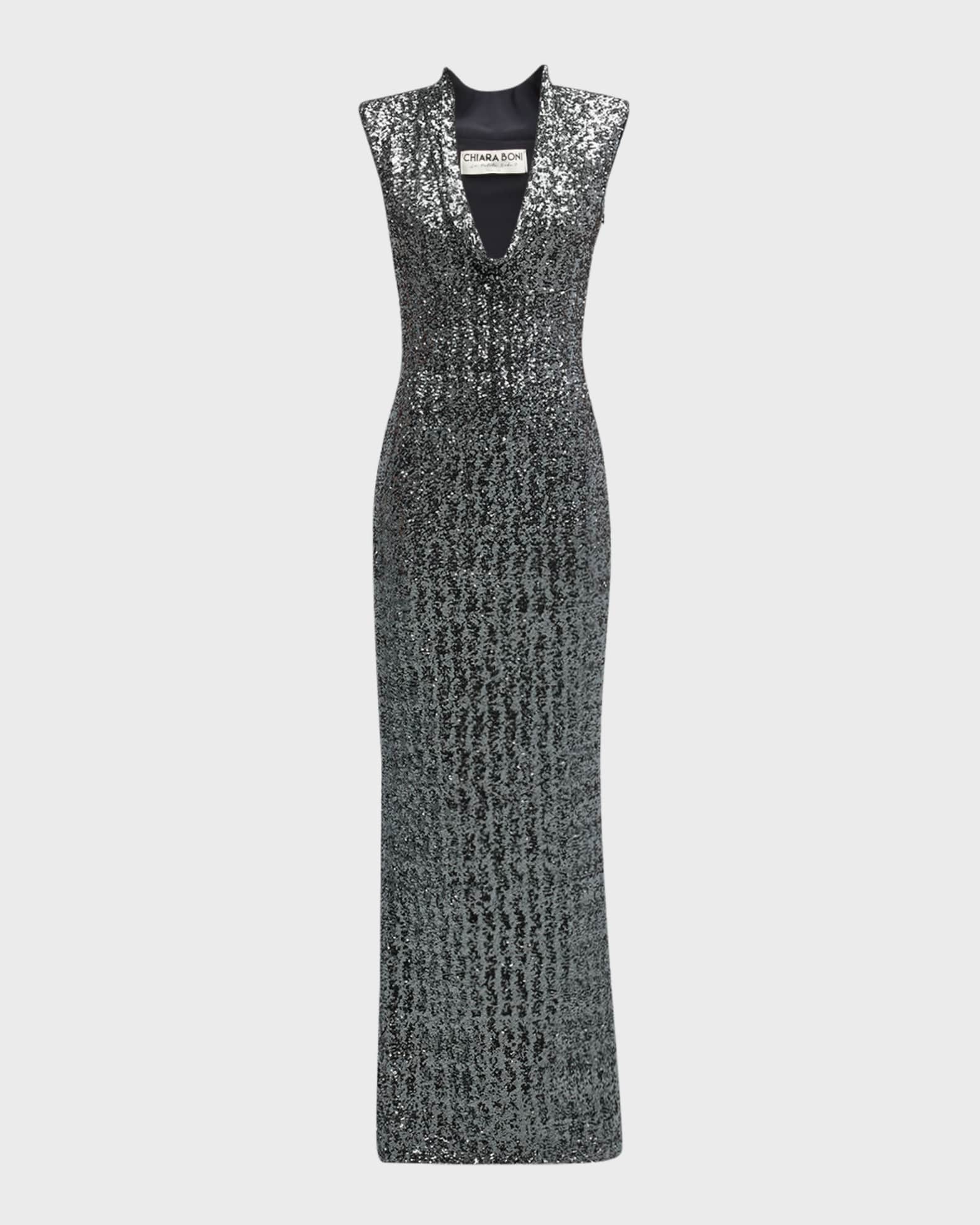 Chiara Boni La Petite Robe Cowl-Neck Sequin Column Gown | Neiman Marcus