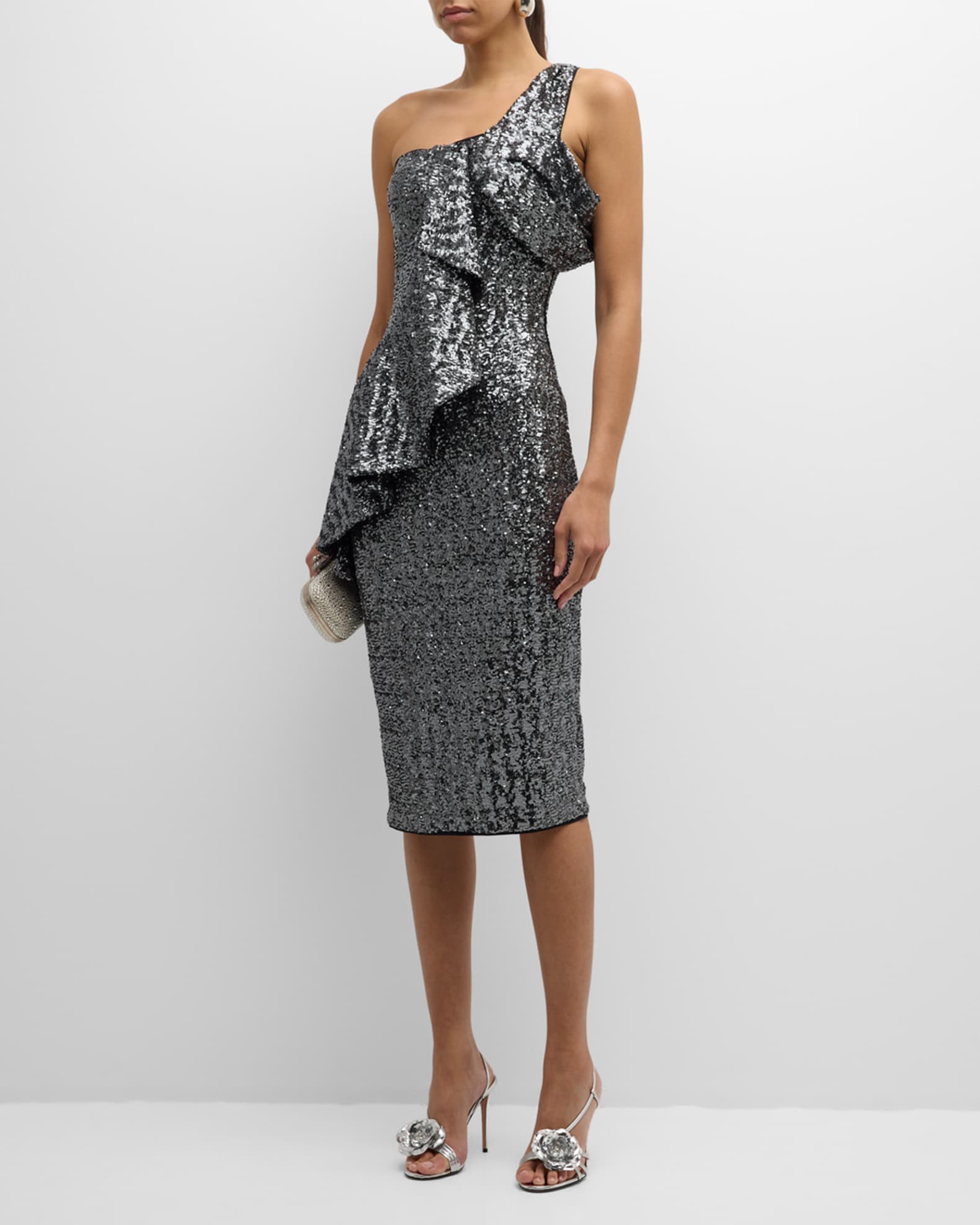 Chiara Boni La Petite Robe One-Shoulder Ruffle Sequin Midi Dress ...