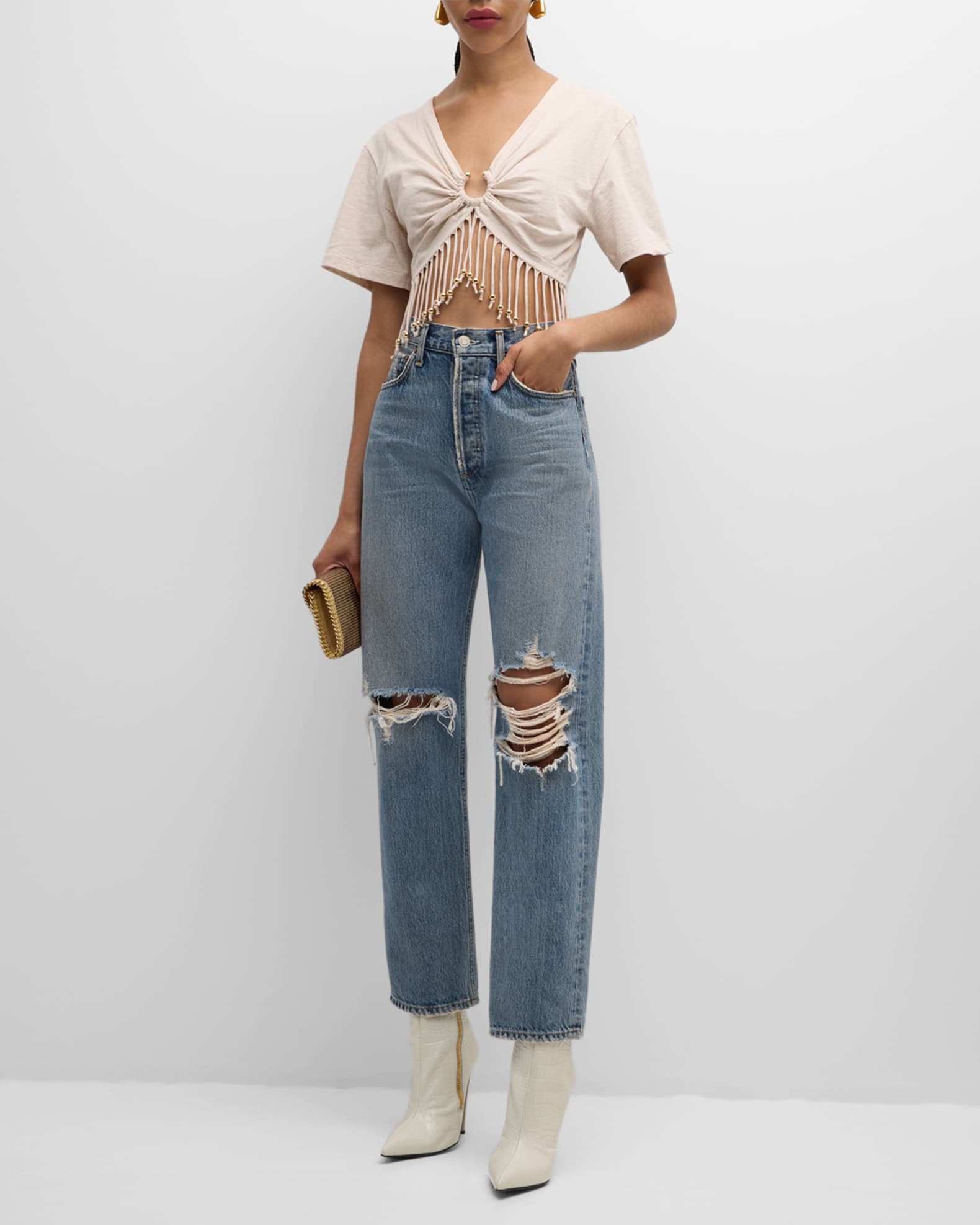 Rabanne Fringed Short-Sleeve Crop Top | Neiman Marcus