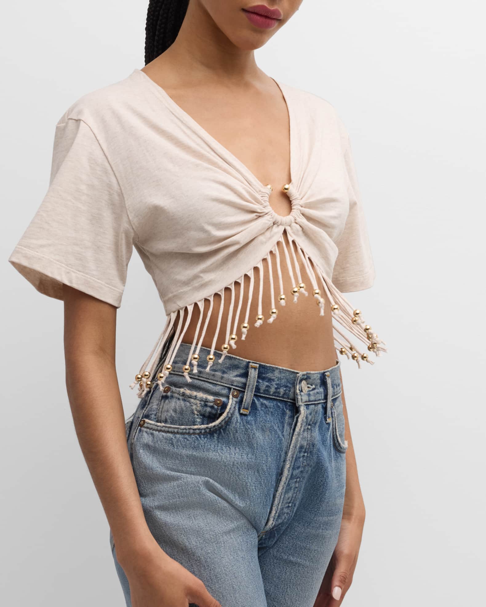 Rabanne Fringed Short-Sleeve Crop Top | Neiman Marcus