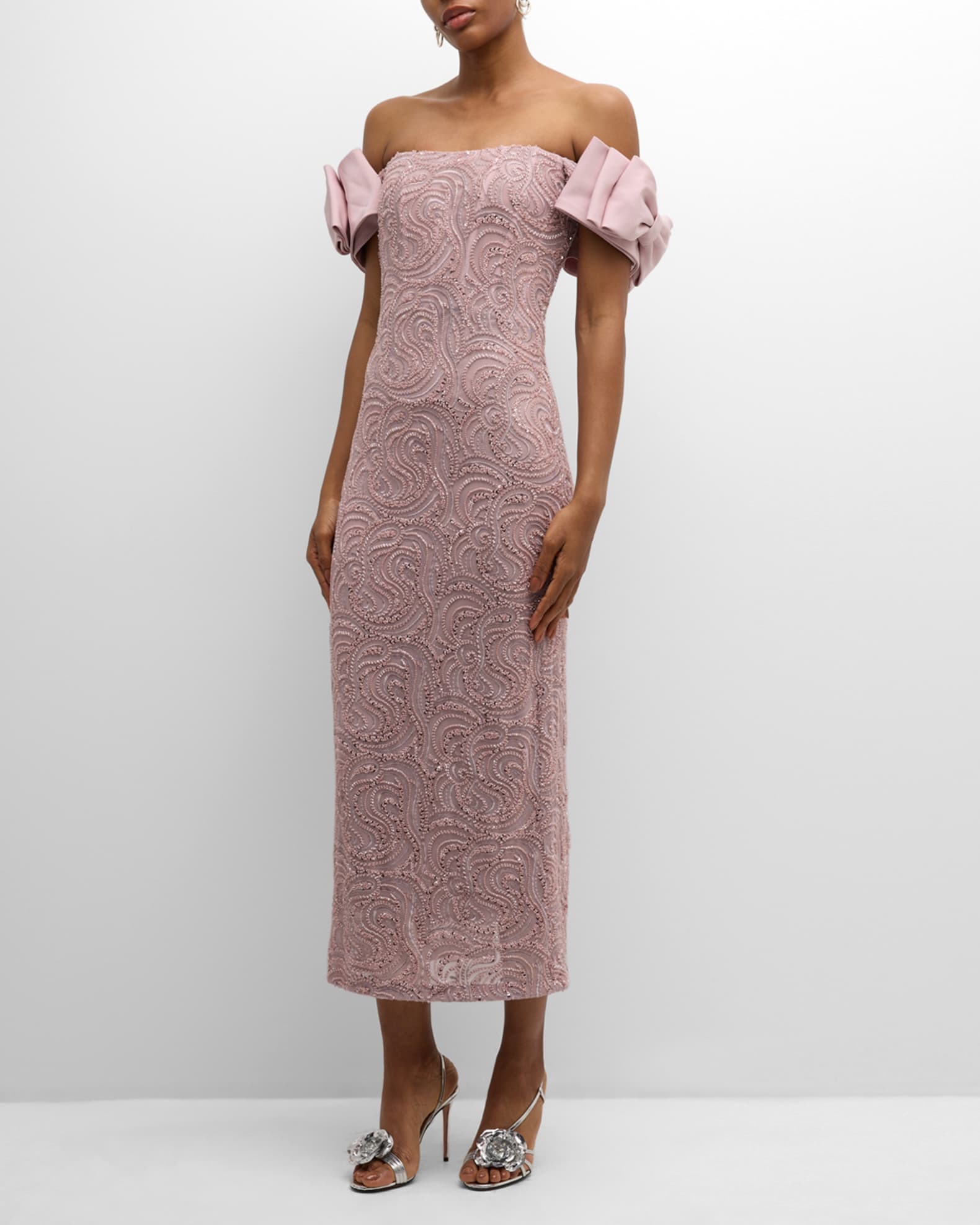 Jovani Beaded Off-Shoulder Column Midi Dress | Neiman Marcus