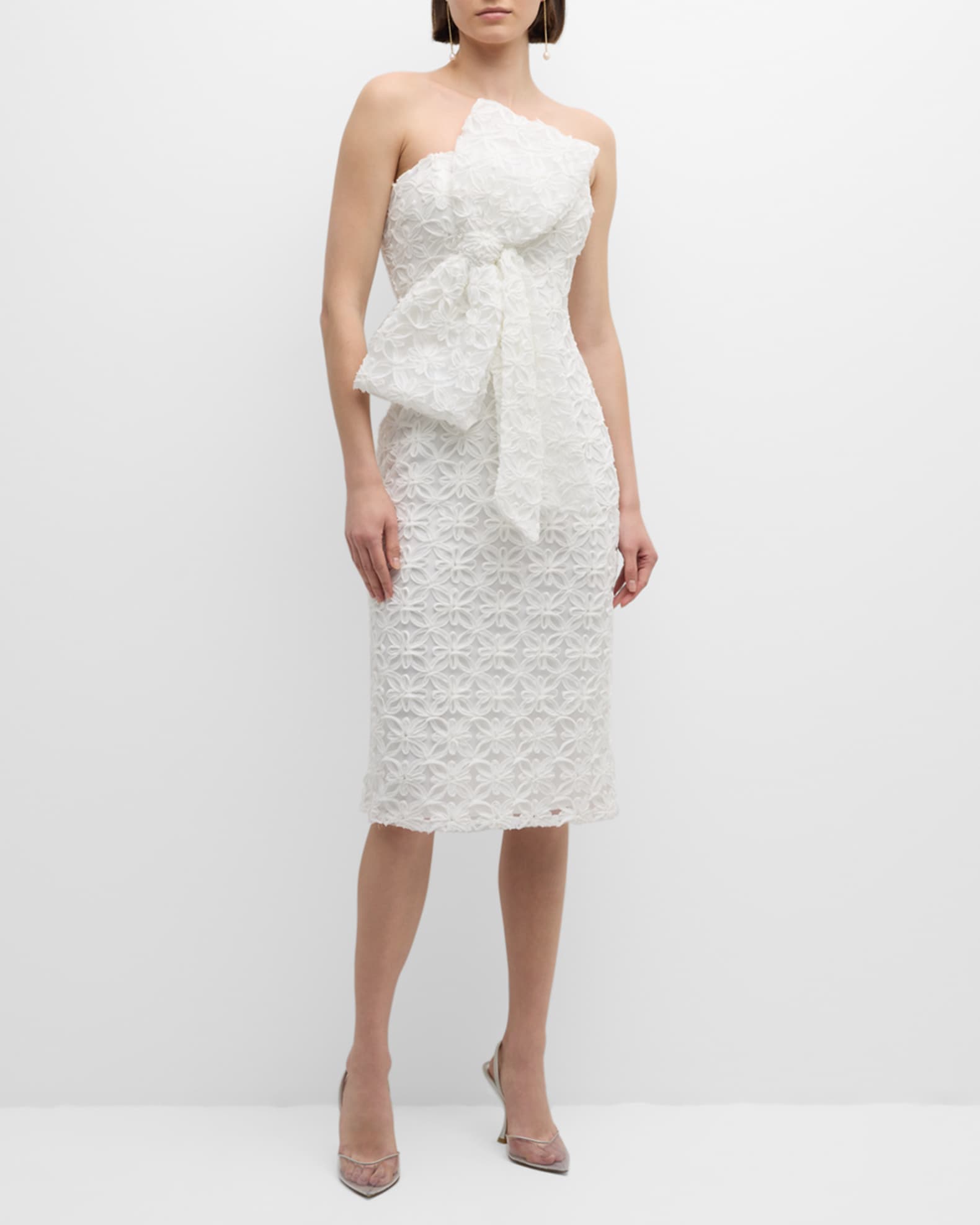 Jovani Strapless Bow-Front Applique Midi Dress | Neiman Marcus