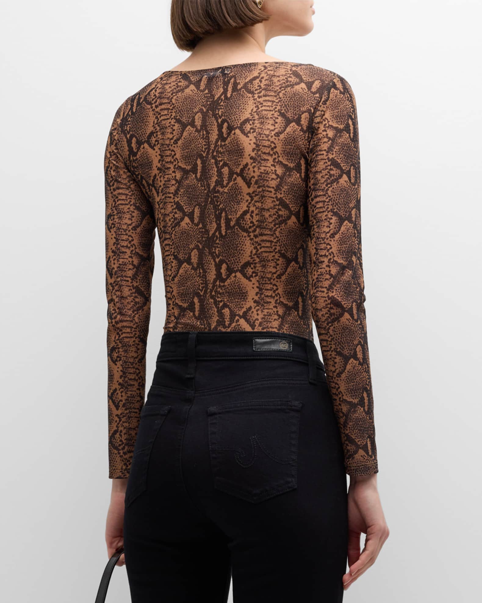 Alice + Olivia Delaina Snake Mesh Long-Sleeve Crop Top | Neiman Marcus