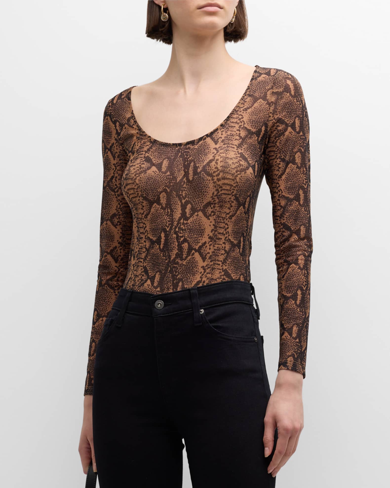 Alice + Olivia Delaina Snake Mesh Long-Sleeve Crop Top | Neiman Marcus