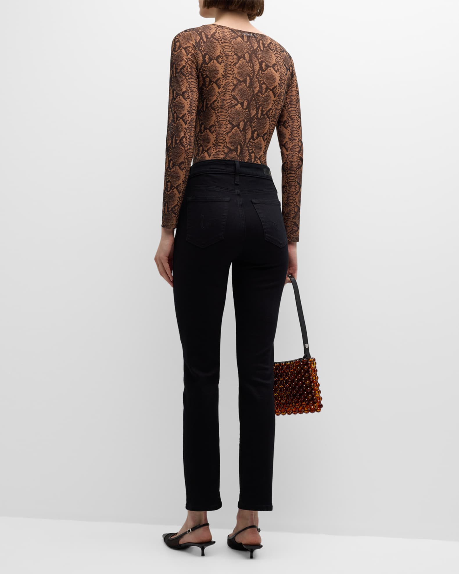 Alice + Olivia Delaina Snake Mesh Long-Sleeve Crop Top | Neiman Marcus