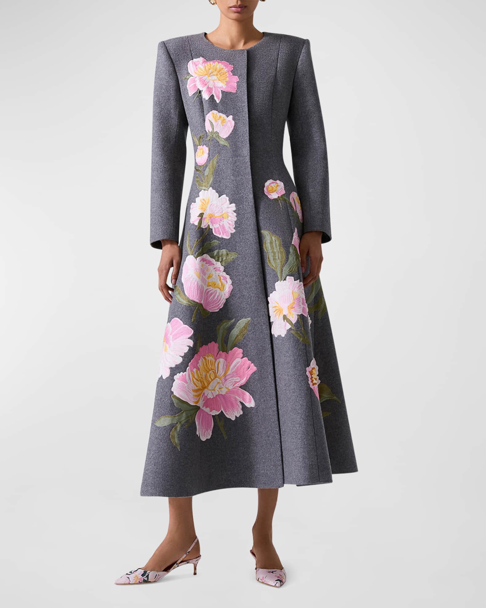 Carolina Herrera Floral Embroidered Strong-Shoulder Collarless A-Line ...