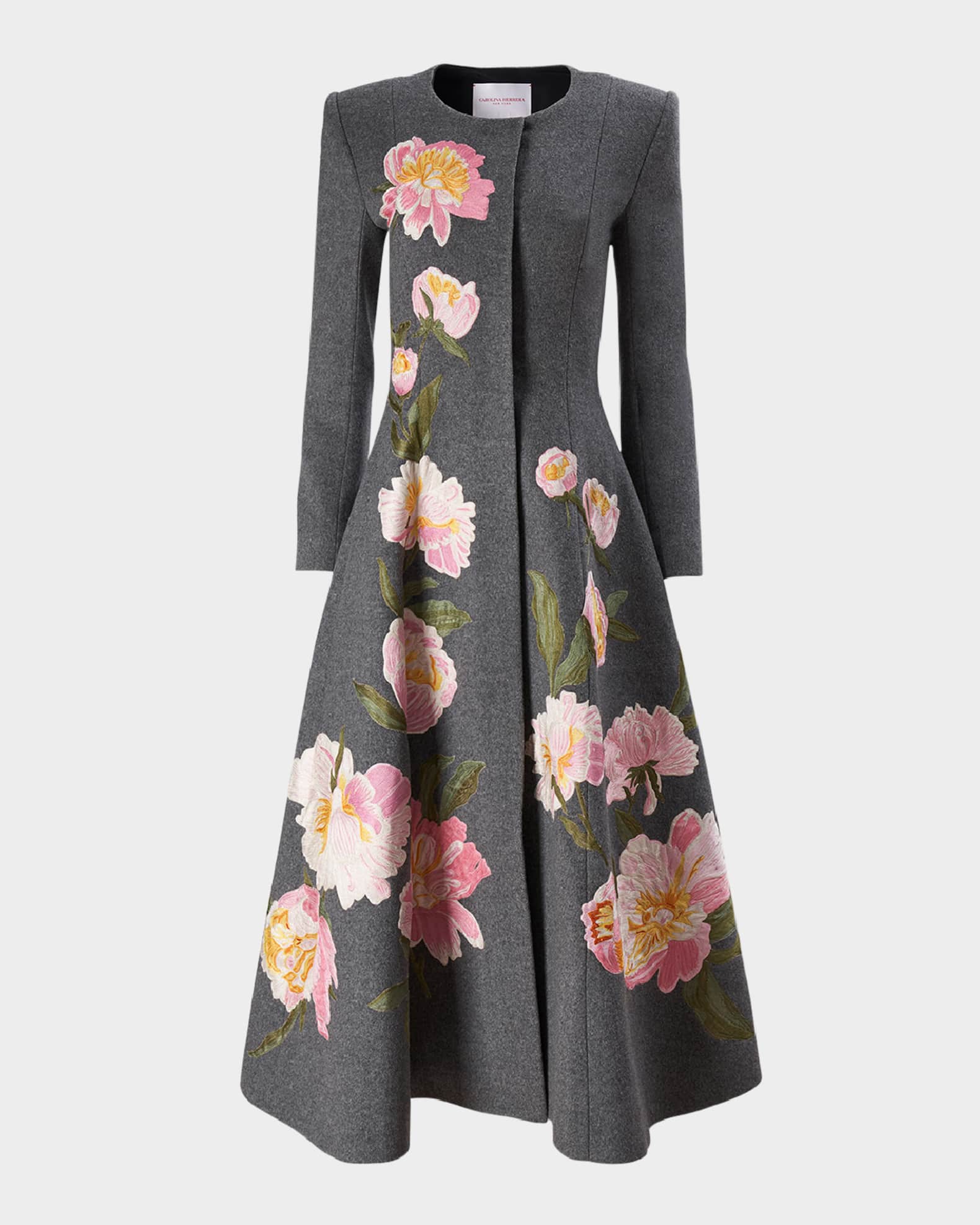 Carolina Herrera Floral Embroidered Strong-Shoulder Collarless A-Line ...