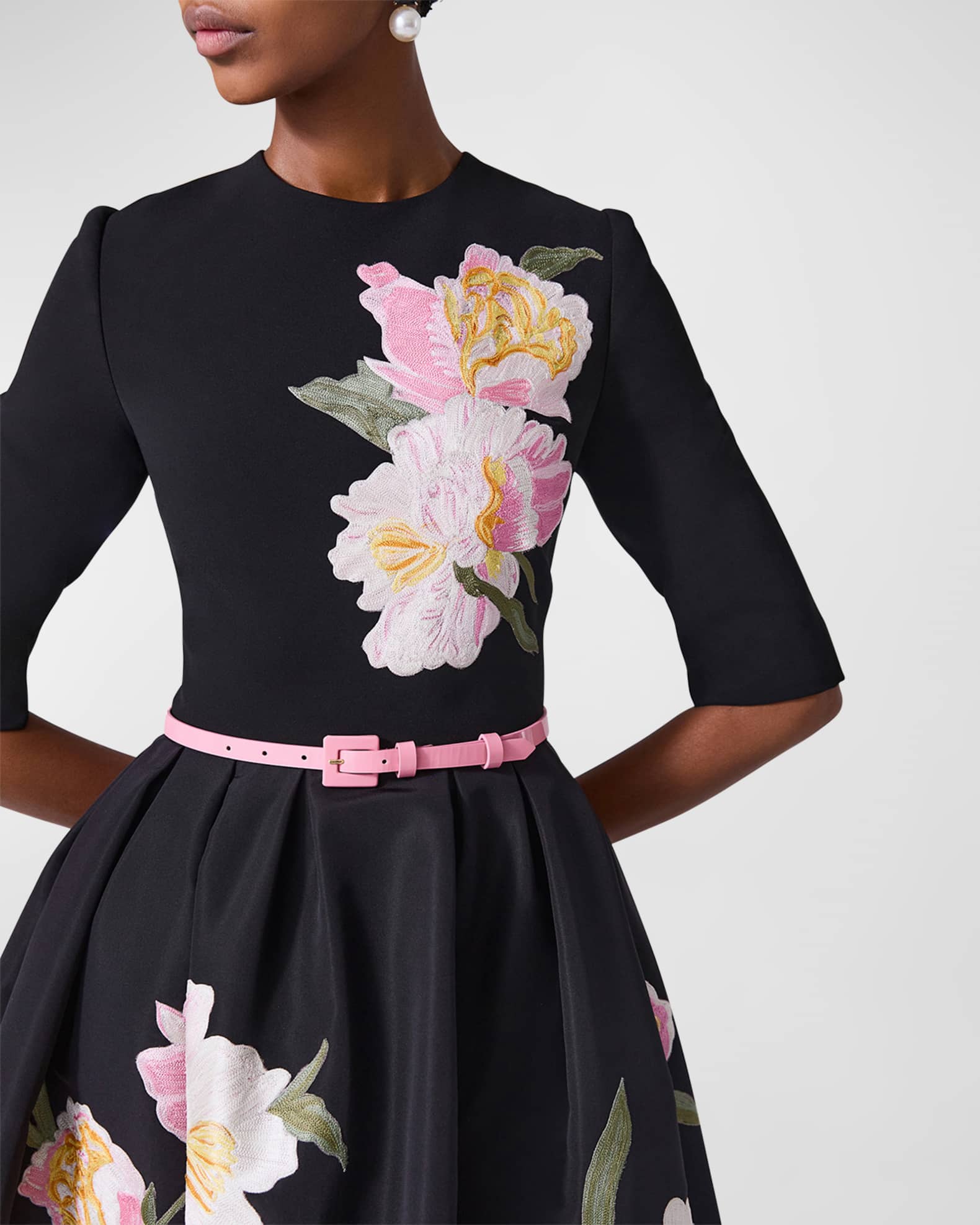 Carolina Herrera Floral-Embroidered Elbow-Sleeve Pleated Dress | Neiman ...