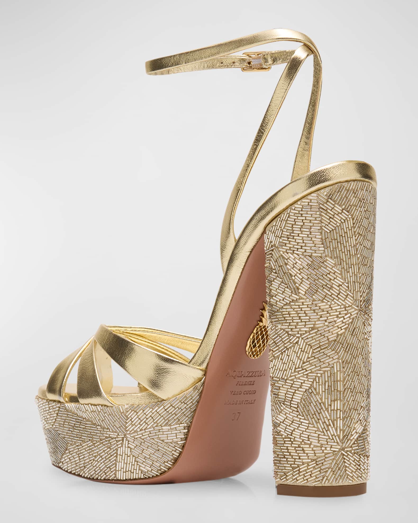 Aquazzura Beaded Metallic Leather Platform Sandals | Neiman Marcus