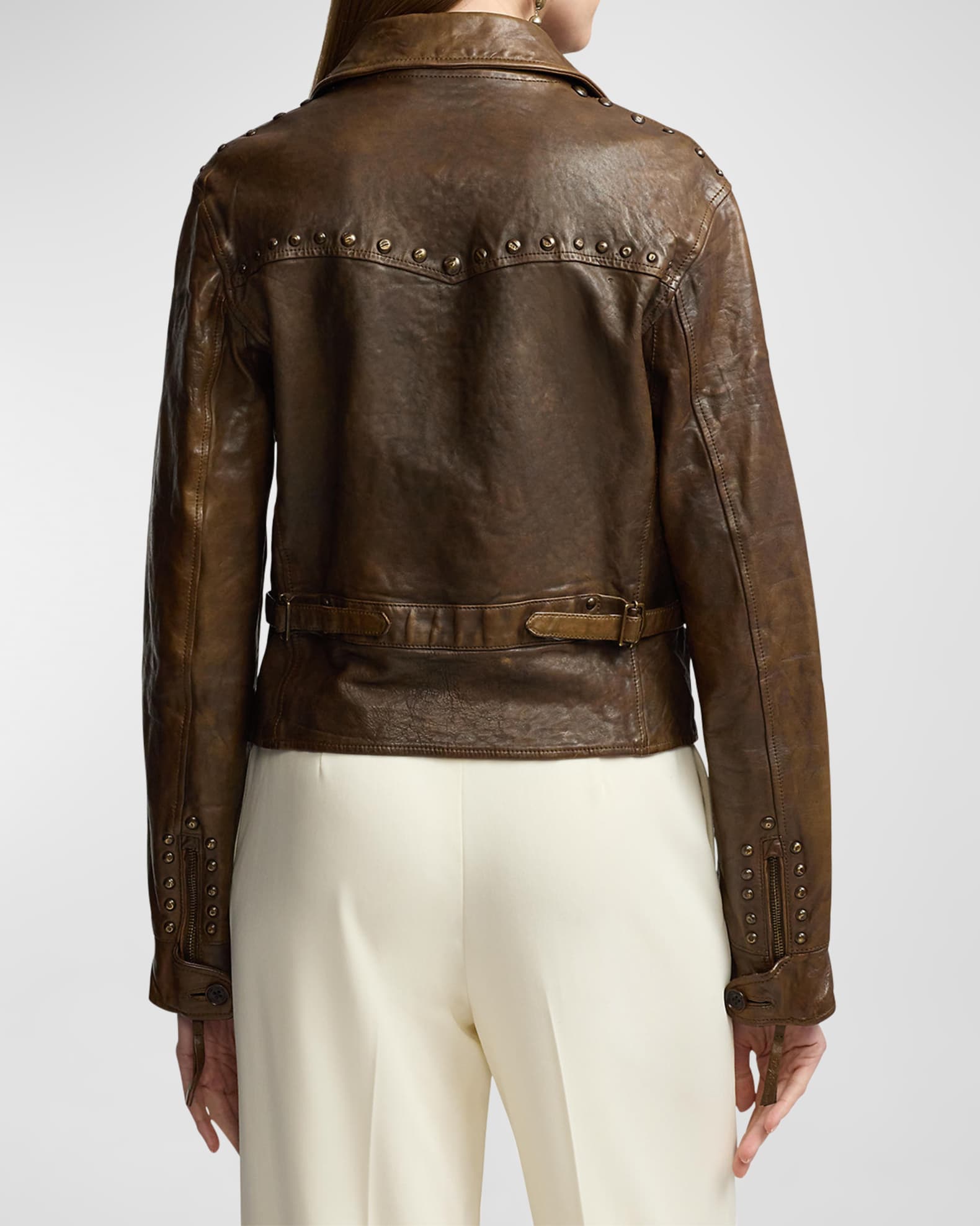 Ralph Lauren Collection Andrea Studded Leather Distressed Moto Jacket ...