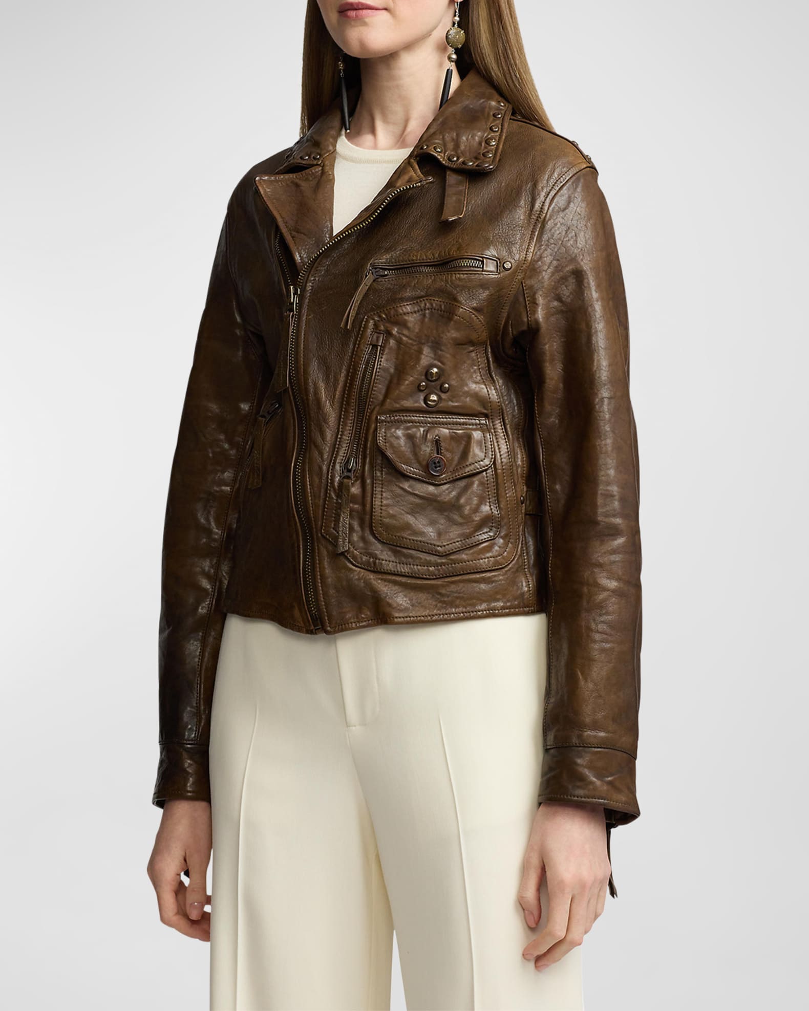 Ralph Lauren Collection Andrea Studded Leather Distressed Moto Jacket ...