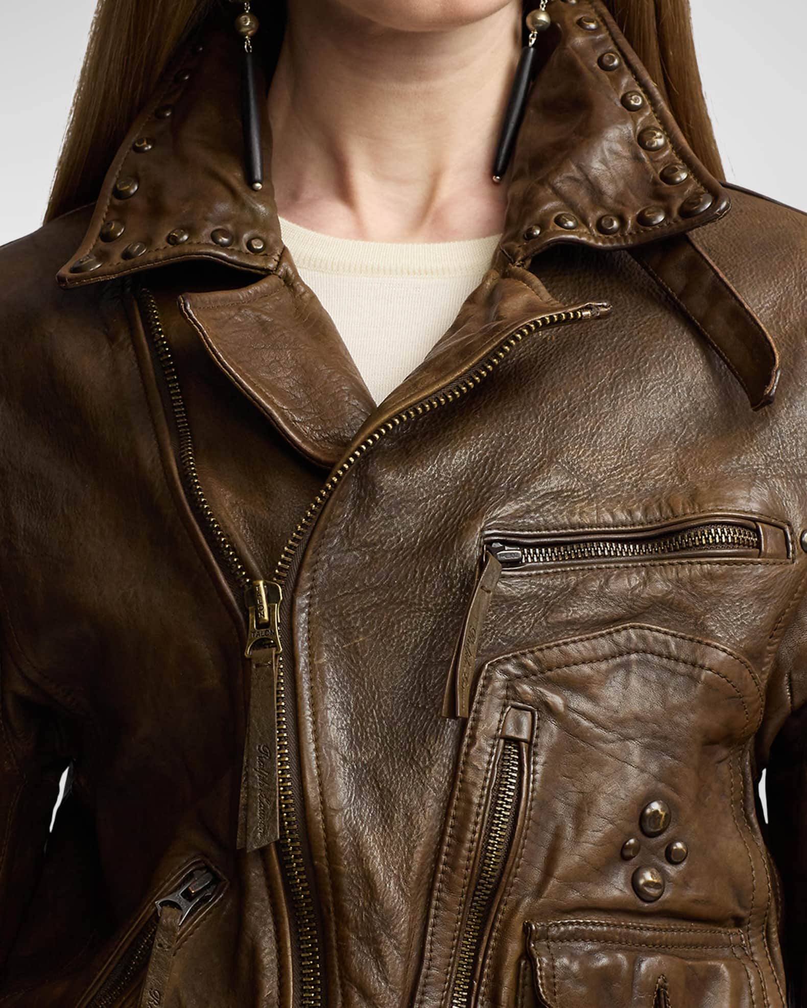 Ralph Lauren Collection Andrea Studded Leather Distressed Moto Jacket ...