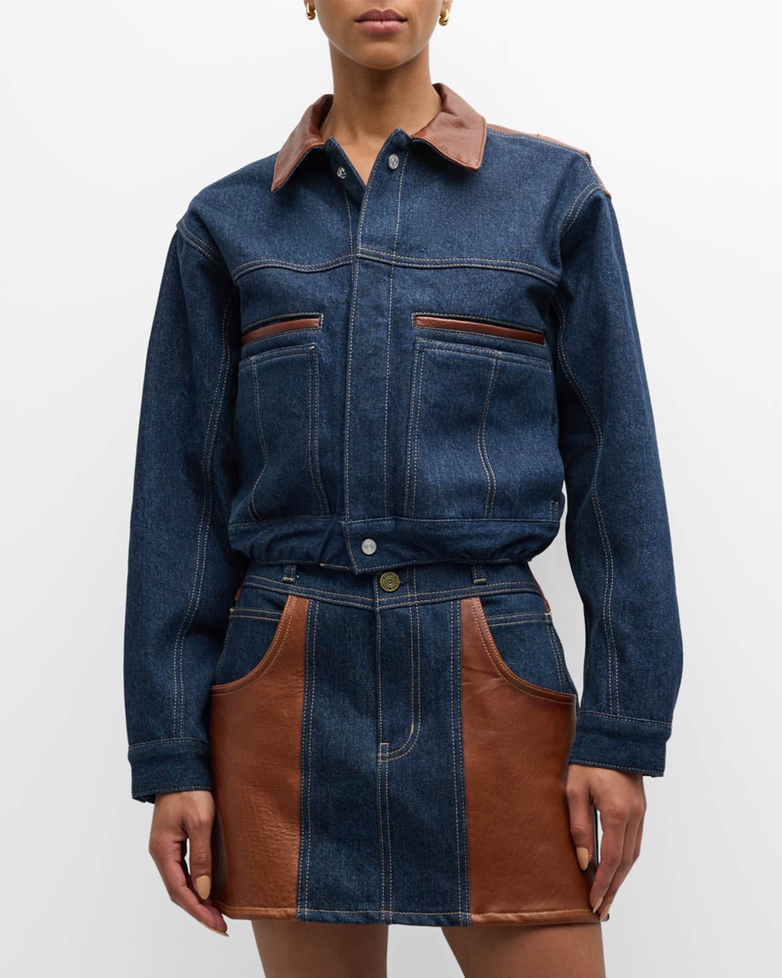 FRAME Atelier Denim and Leather Bomber Jacket | Neiman Marcus