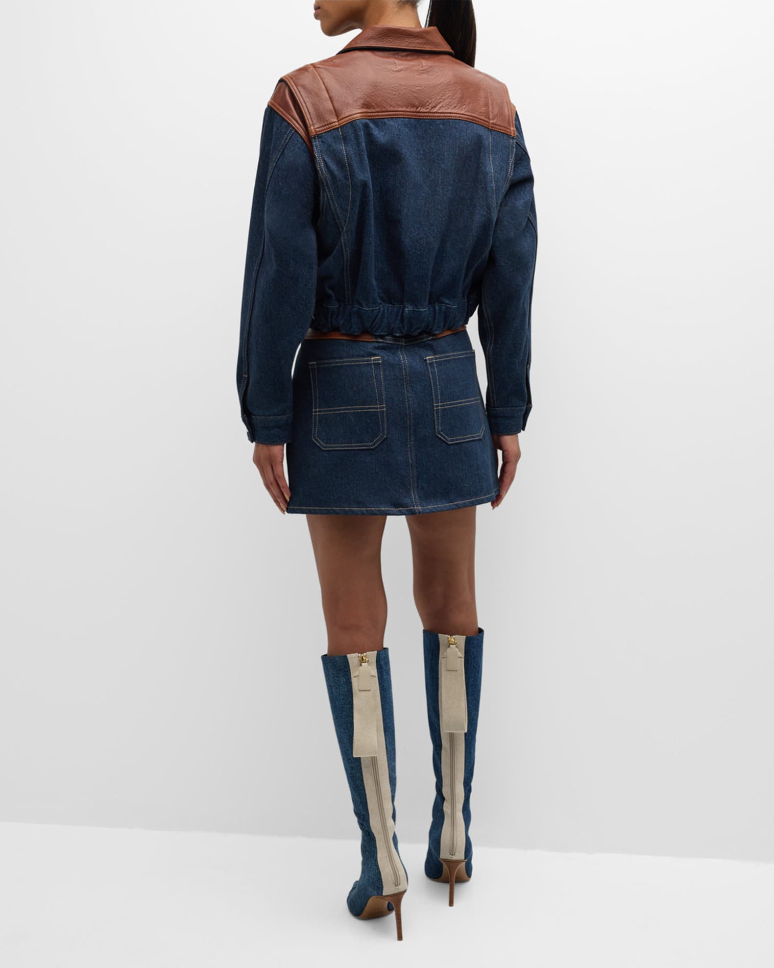 FRAME Atelier Denim and Leather Bomber Jacket | Neiman Marcus