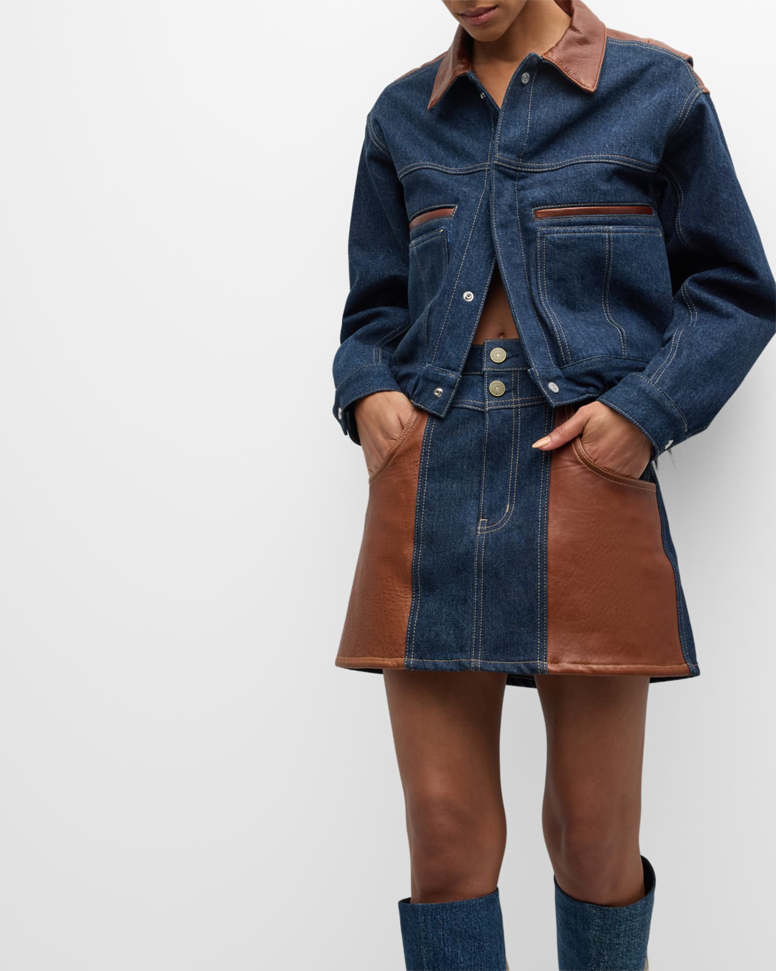 FRAME Atelier Denim and Leather Bomber Jacket | Neiman Marcus