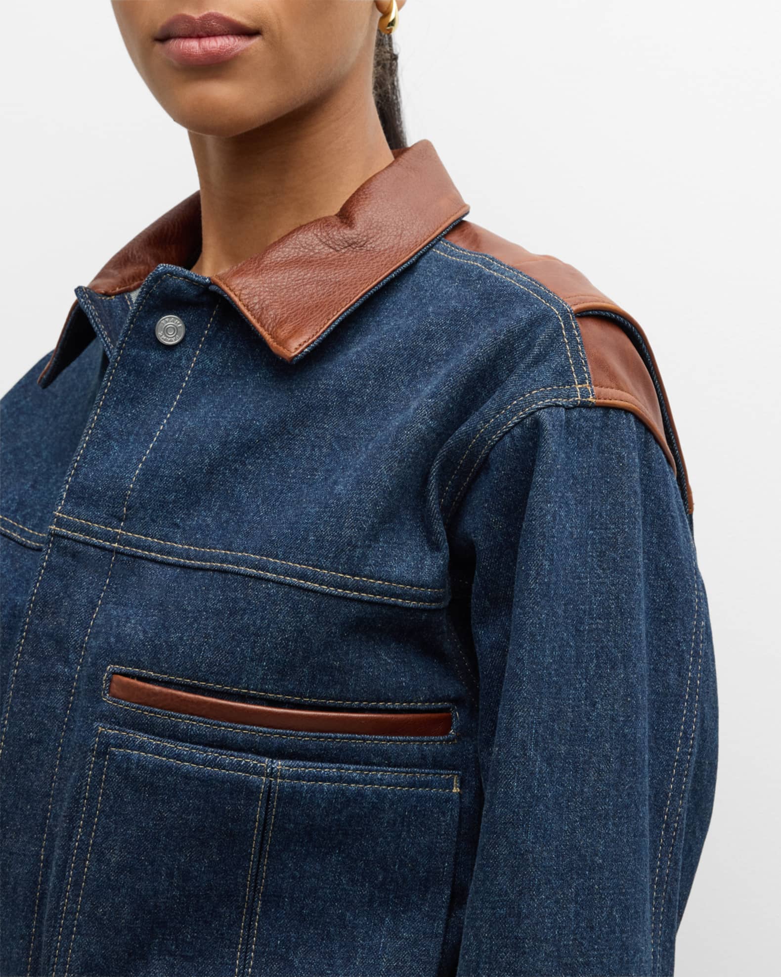 FRAME Atelier Denim and Leather Bomber Jacket | Neiman Marcus