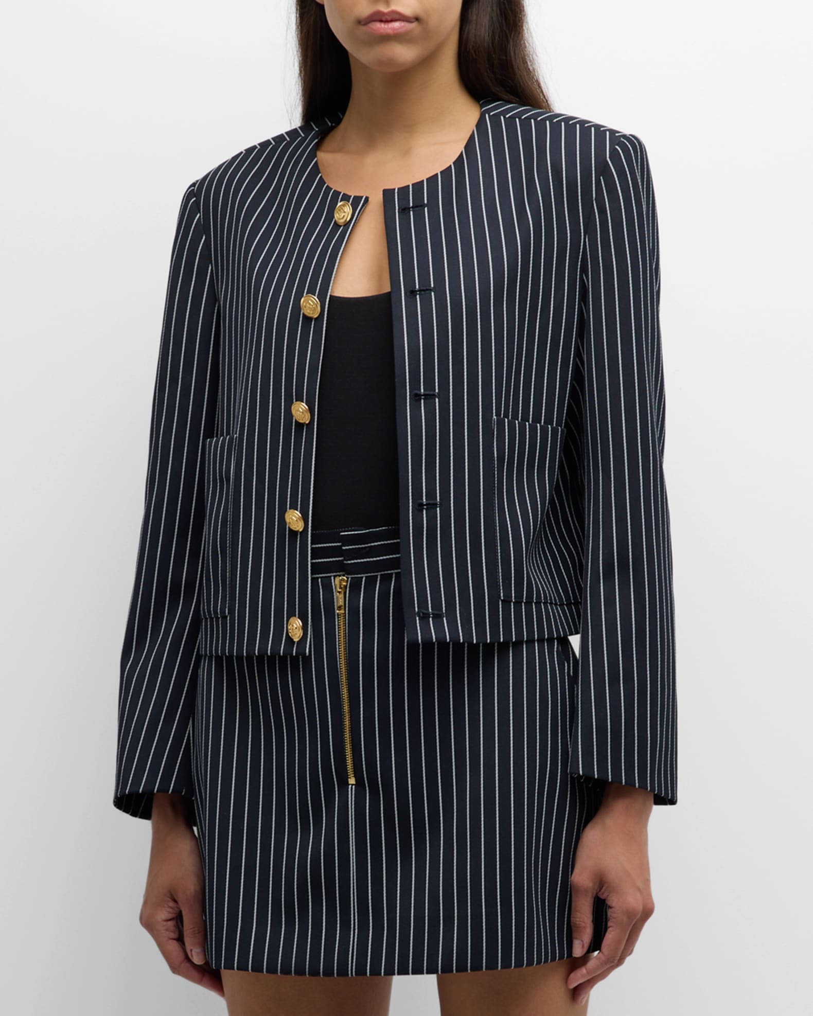 FRAME Pinstripe Button-Front Jacket | Neiman Marcus