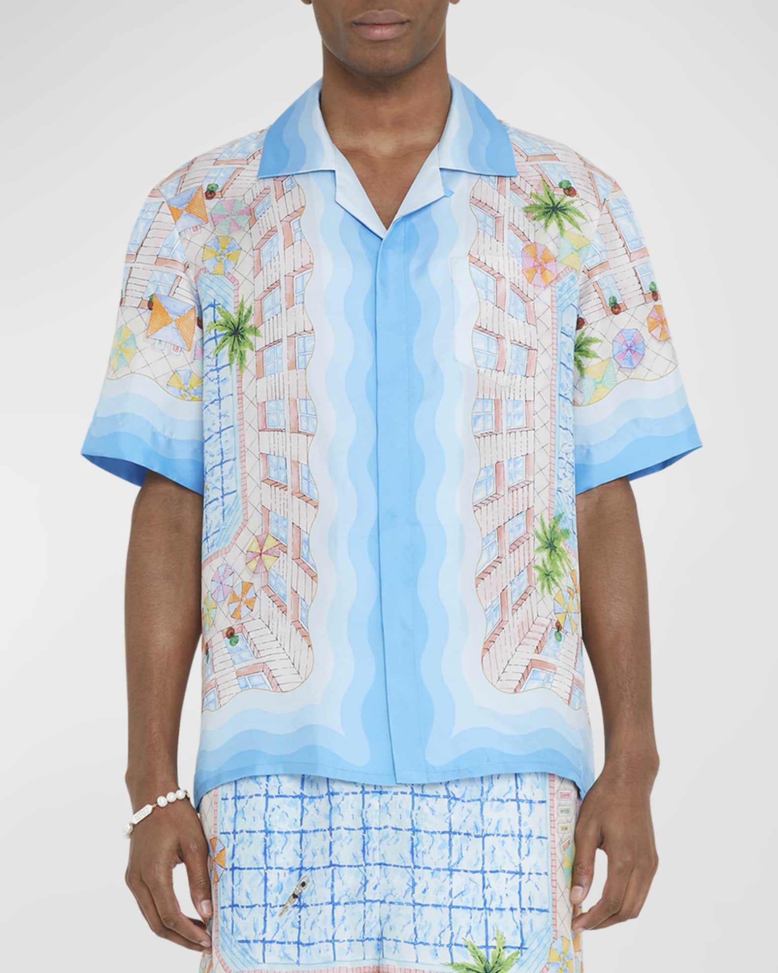 CASABLANCA Men's Satin Shirt with Cuban Collar | Neiman Marcus