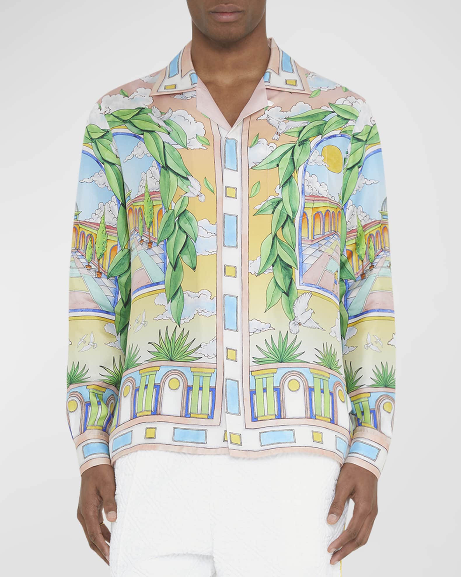 CASABLANCA Men's Silk Shirt with Cuban Collar | Neiman Marcus