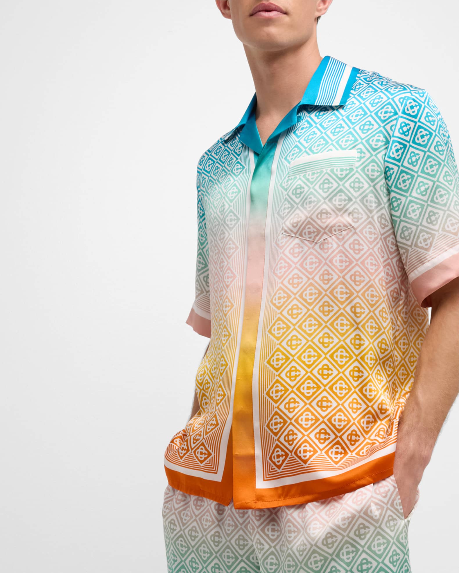 CASABLANCA Men's Silk Shirt with Cuban Collar | Neiman Marcus