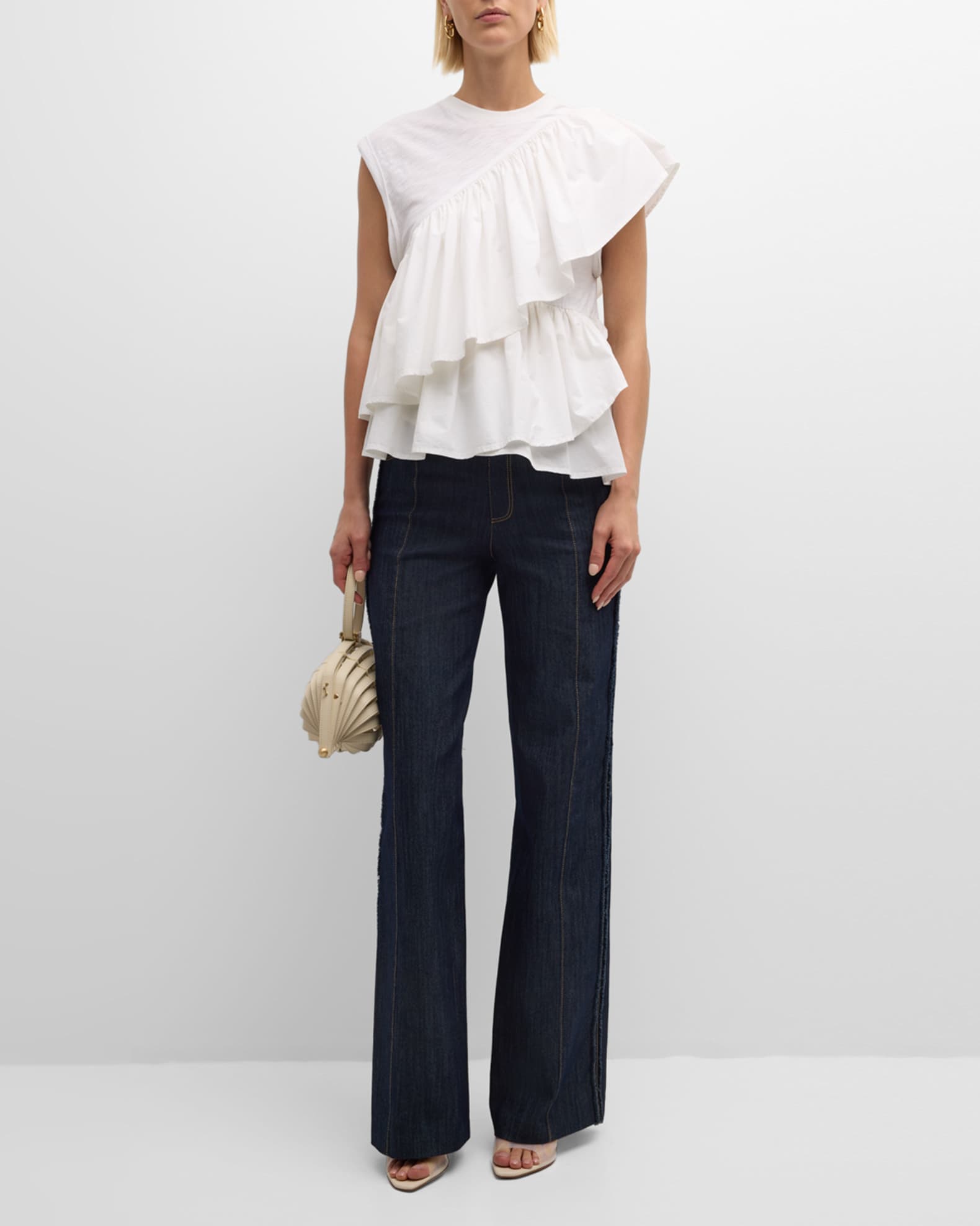 Cinq a Sept Micki Asymmetric Ruffle Sleeveless Cotton Top | Neiman Marcus