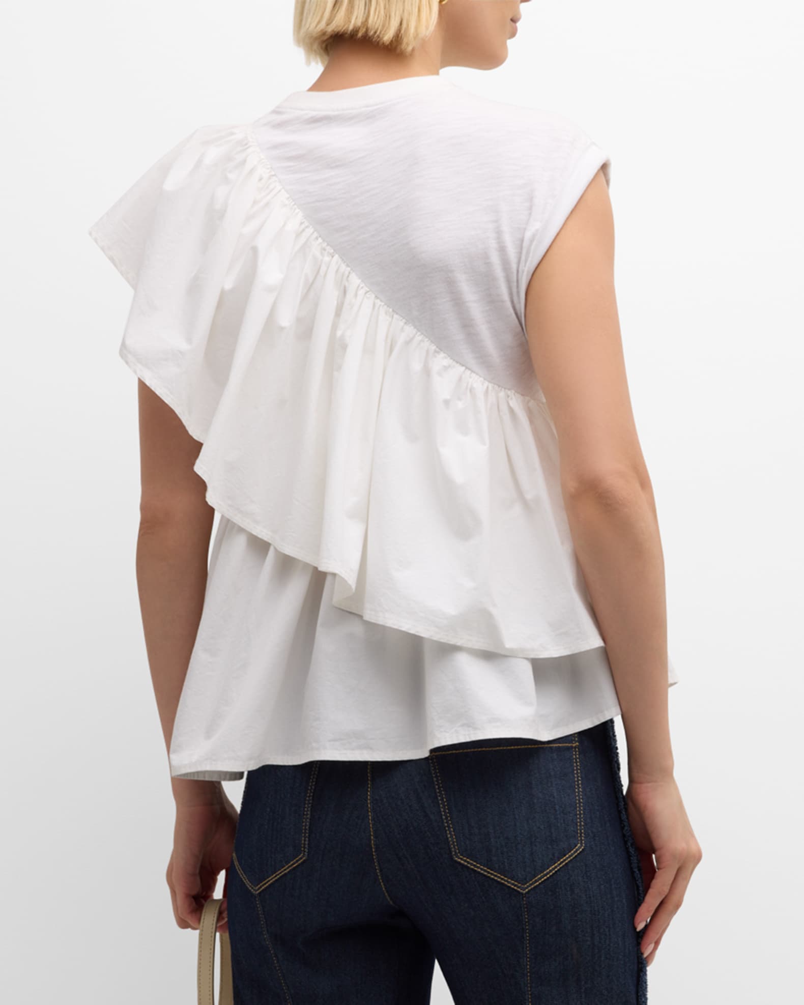 Cinq a Sept Micki Asymmetric Ruffle Sleeveless Cotton Top | Neiman Marcus