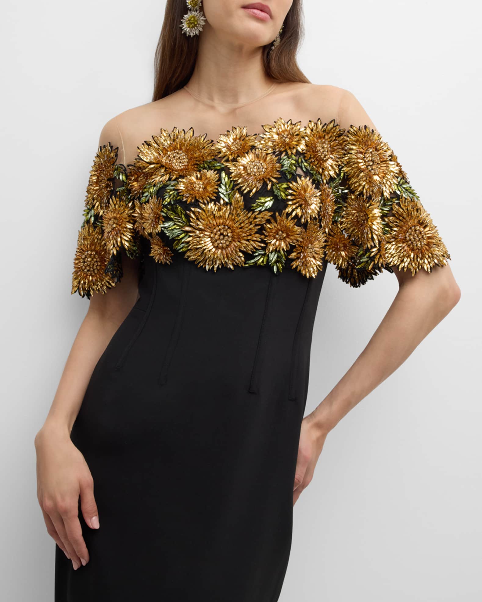 Lela Rose Crystal Bodice Off-The-Shoulder Illusion Column Gown | Neiman ...