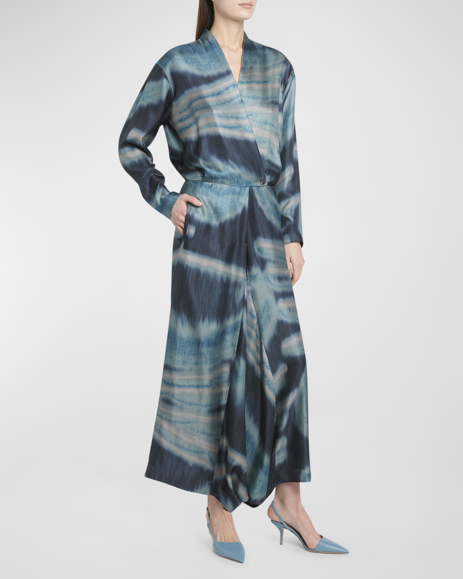 Giorgio Armani Abstract-Print Silk Long-Sleeve Maxi Wrap Dress | Neiman ...