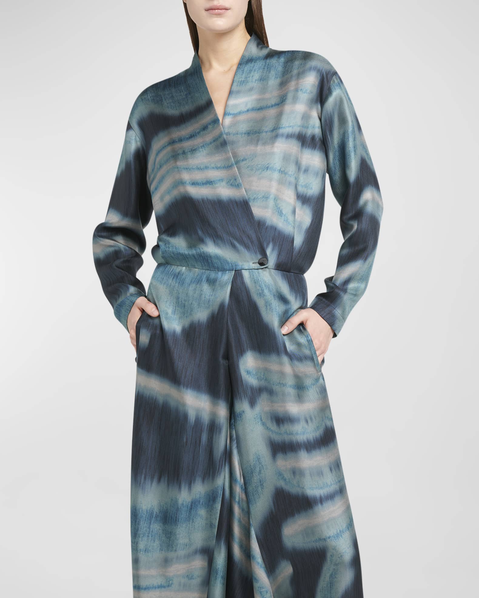 Giorgio Armani Abstract-Print Silk Long-Sleeve Maxi Wrap Dress | Neiman ...