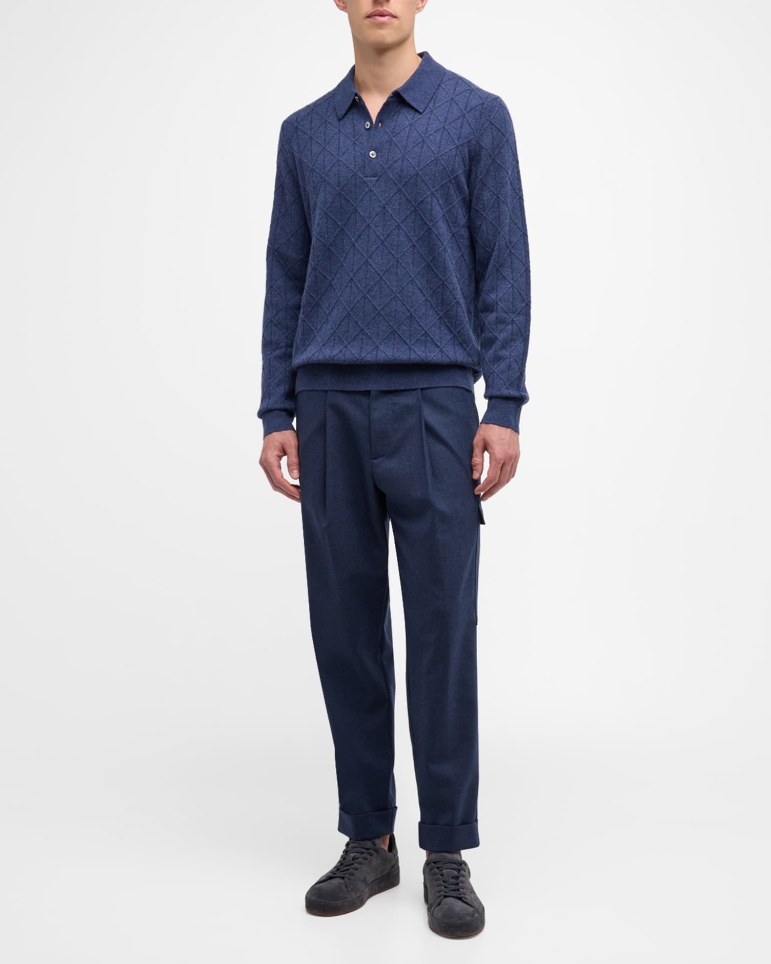 Neiman Marcus Men's Cashmere Ribbed Diamond Stitch Overlay Polo ...