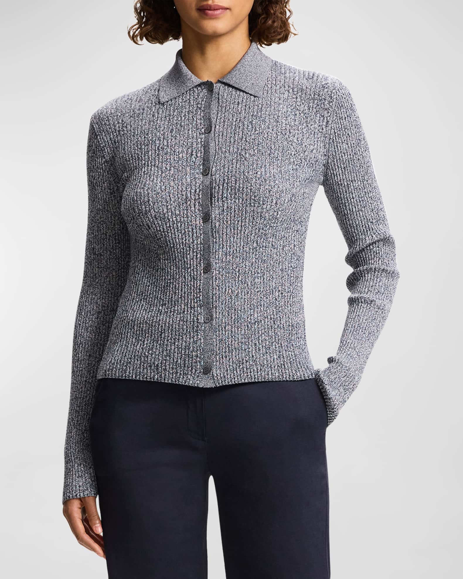 Theory Bleecker Cotton Marled Rib Cardigan | Neiman Marcus