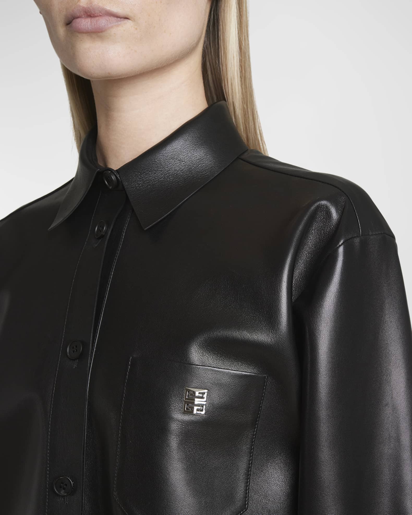 Givenchy Leather Button-Down Crop Shirt | Neiman Marcus